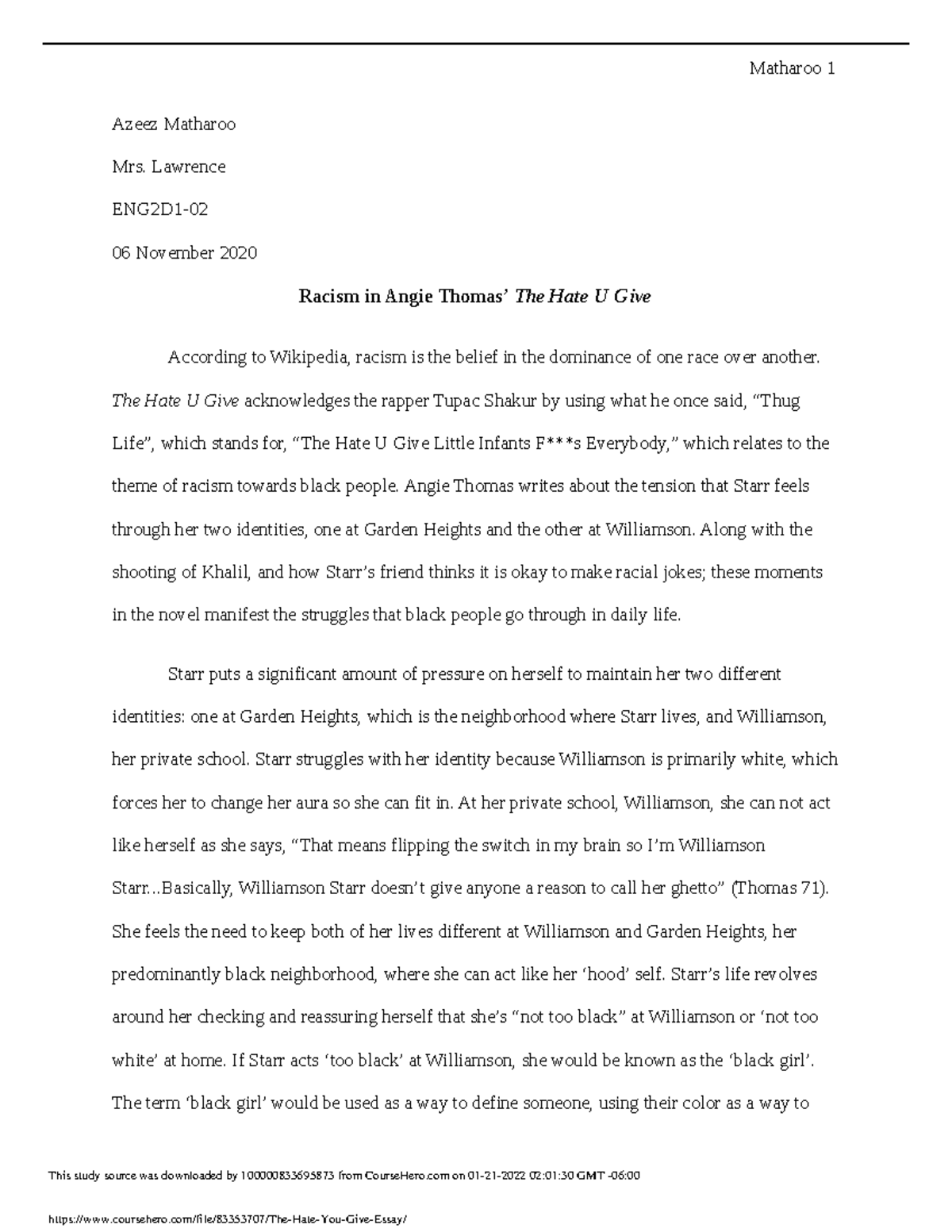 The Hate You Give Essay - Azeez Matharoo Mrs. Lawrence ENG2D1- 06 ...