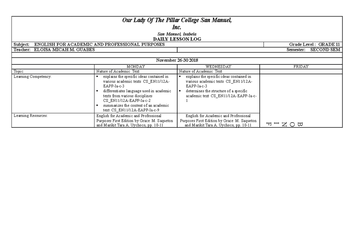 Eapp dll from week 1 week5 - Our Lady Of The Pillar College San Manuel, Inc. San Manuel, Isabela ...