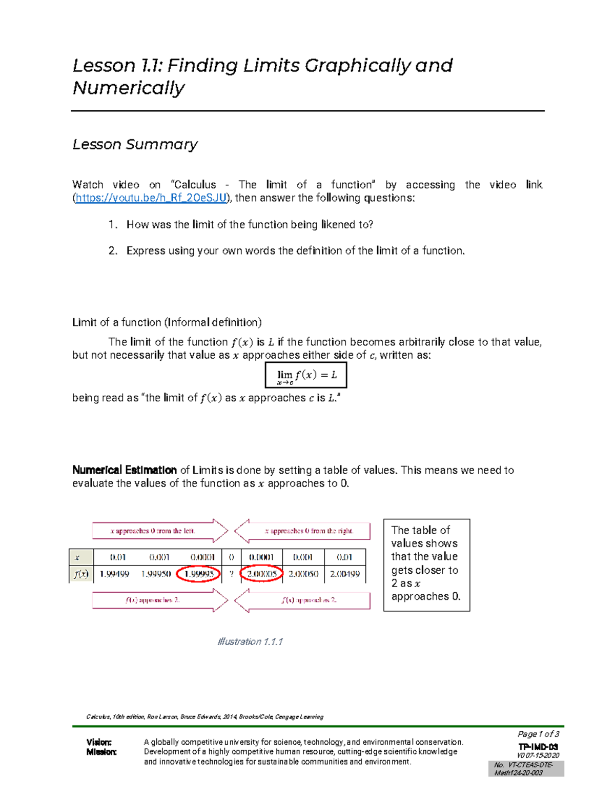 Lesson-1 - Calculus 2 - Vision: A globally competitive university for ...