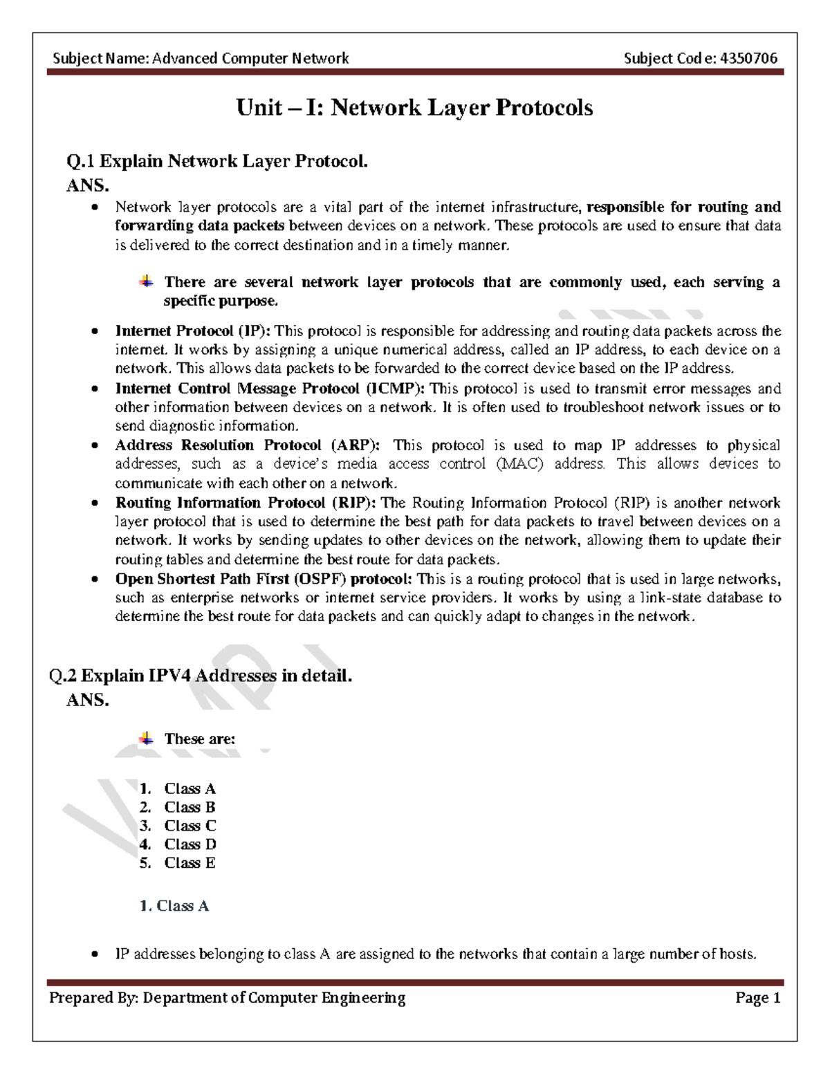 Imp acn - Iydditixjtxiy - Unit – I: Network Layer Protocols Q. 1 Explain Network Layer Protocol ...