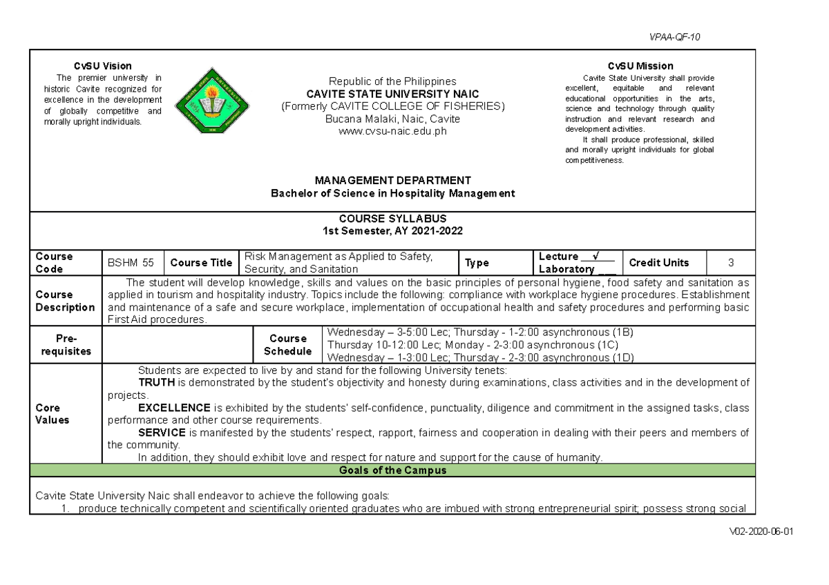 BSHM 55 Course Syllabus New - Republic of the Philippines CAVITE STATE ...