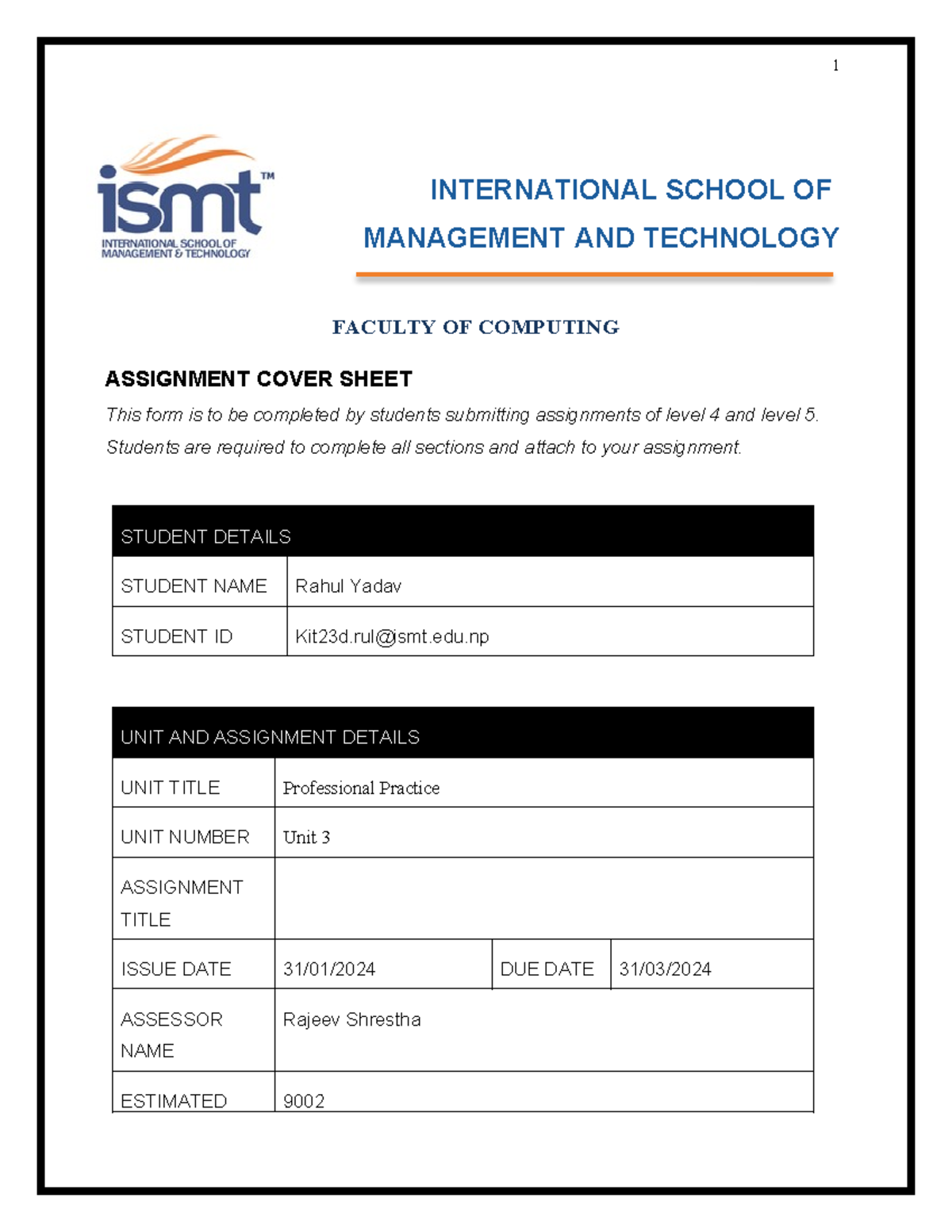 Professional Practice Assignment - INTERNATIONAL SCHOOL OF MANAGEMENT ...
