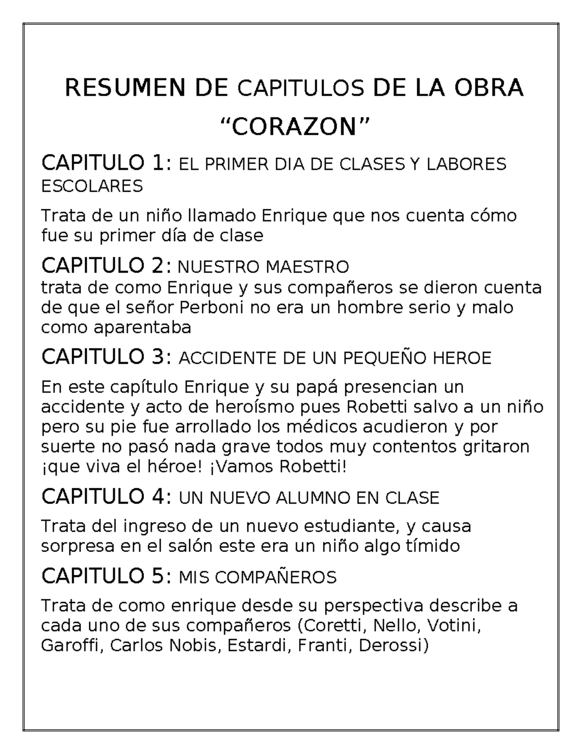 424686778 Resumen obra Corazon - RESUMEN DE CAPITULOS DE LA OBRA “CORAZON” CAPITULO 1: EL PRIMER ...