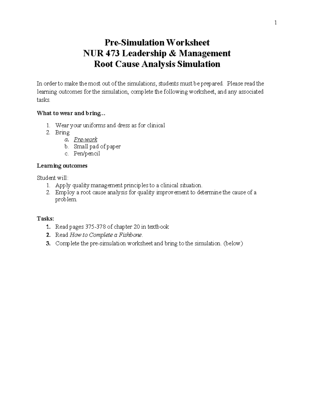 NUR 473 Root Cause Analysis simulation preparation - Pre-Simulation ...