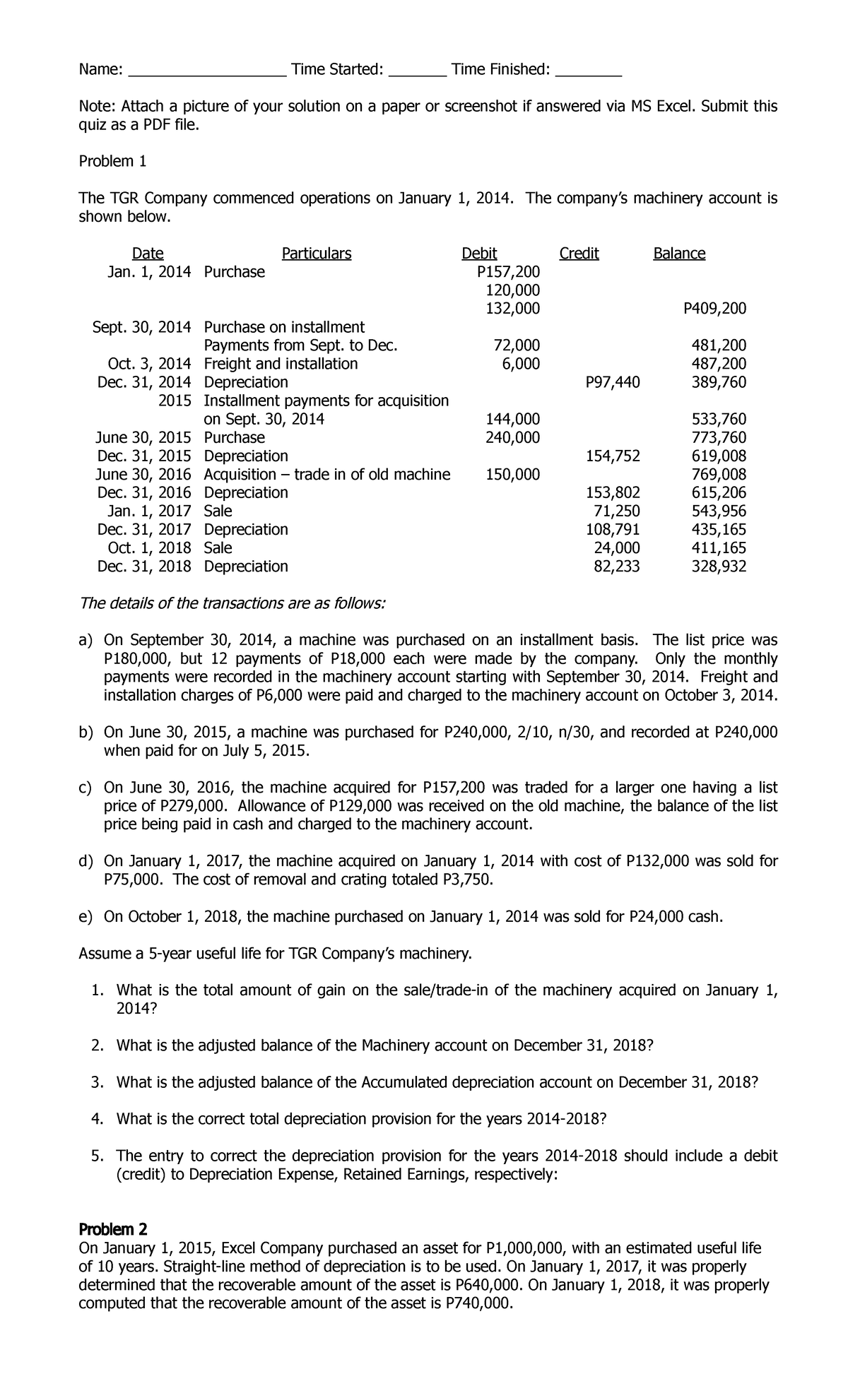 Audit Problem QUIZ 3 - Name: ___________________ Time Started ...