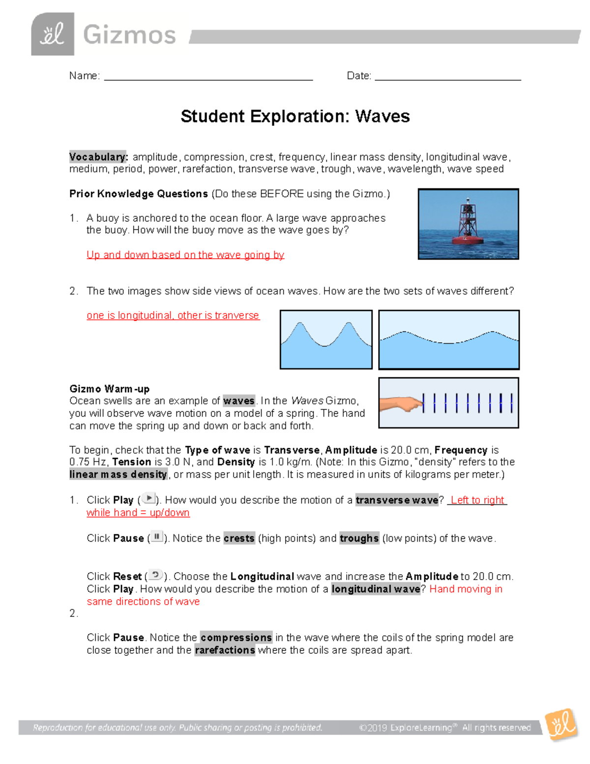 Waves SE .... doxcxc - Name: Date: Student Exploration: Waves ...