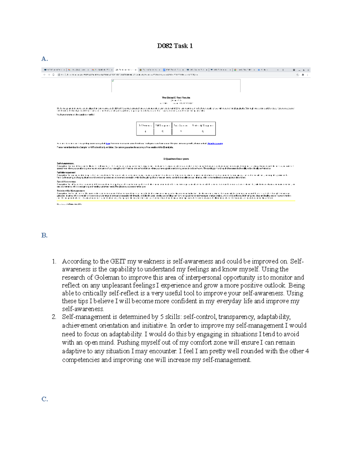D082 Task 1 - Task One Passed Emotional Intelligence Intrapersonal ...