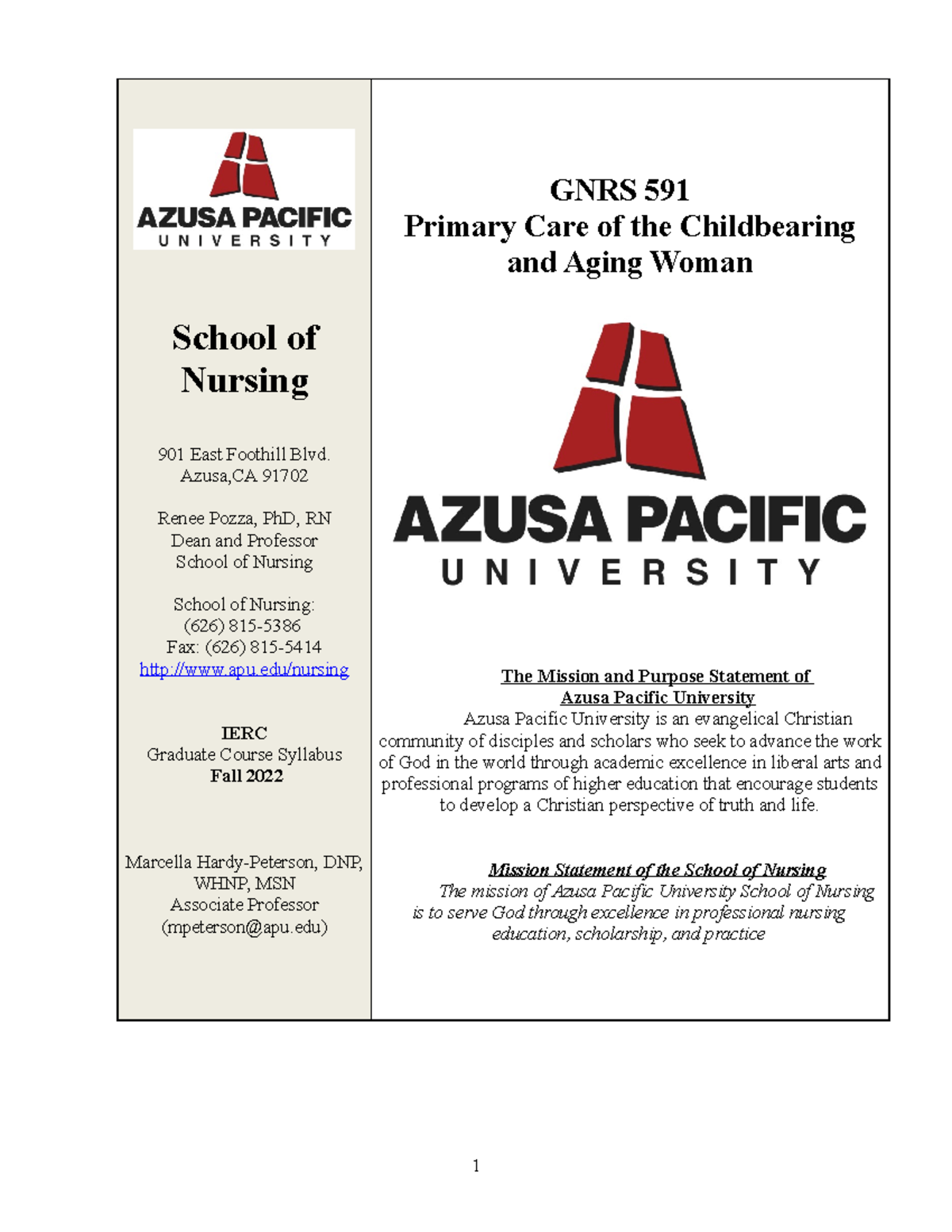 IE Syllabus FALL 2022 - School of Nursing 901 East Foothill Blvd. Azusa ...