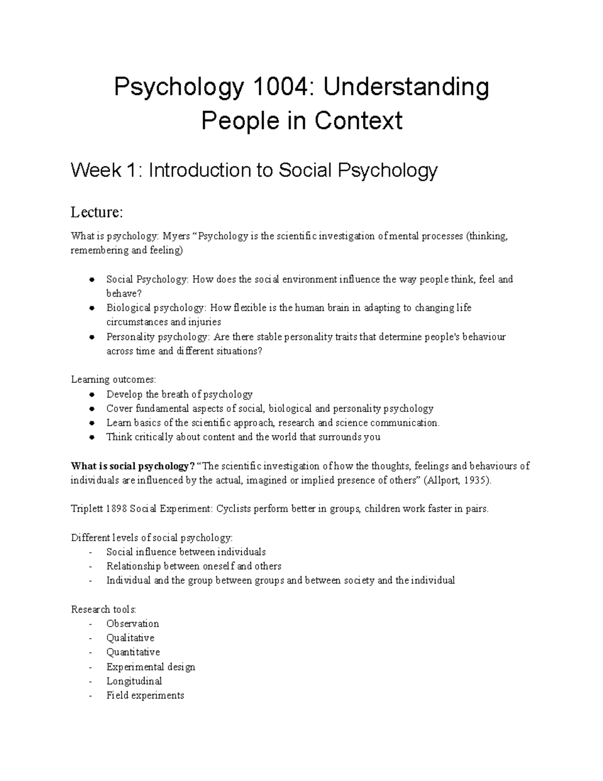 Psychology 1004 Social Psychology Weeks 1-4 - Psychology 1004 ...