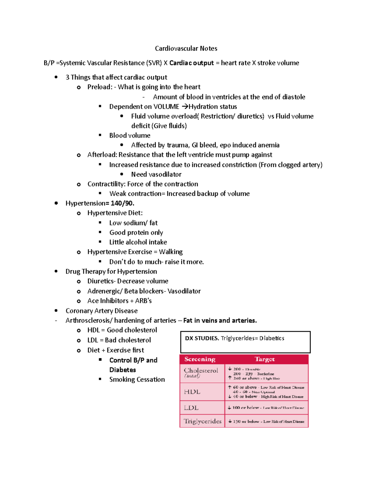 Cardiovascuar Notes - Nursing: Assessment, Intervention, Diagnosis, and ...
