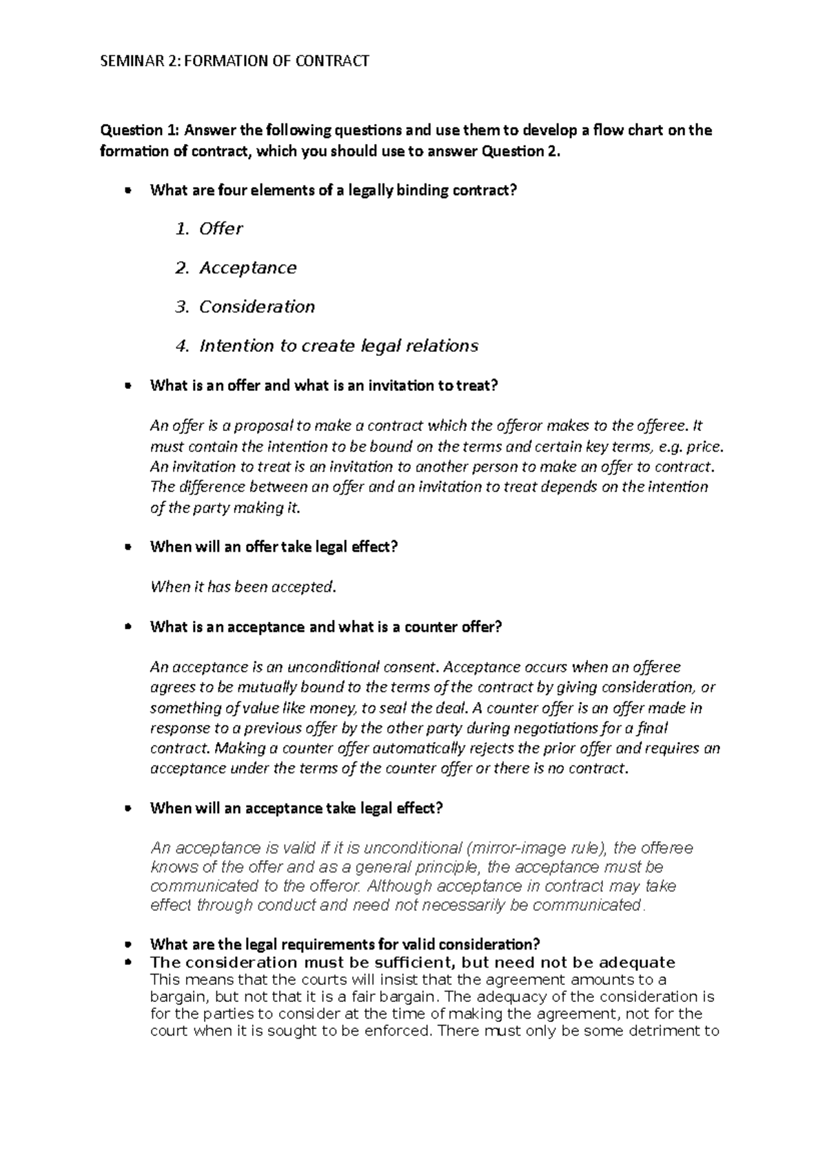Seminar 2 - formation of contract - Question 1: Answer the following ...