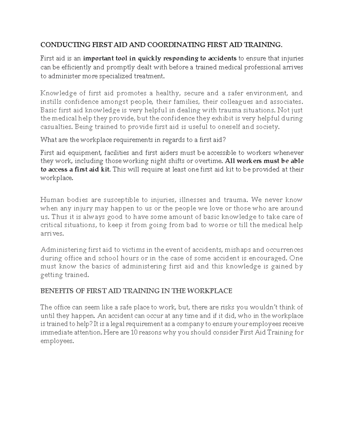 Conducting First AID AND Coordinating First AID Training - CONDUCTING ...