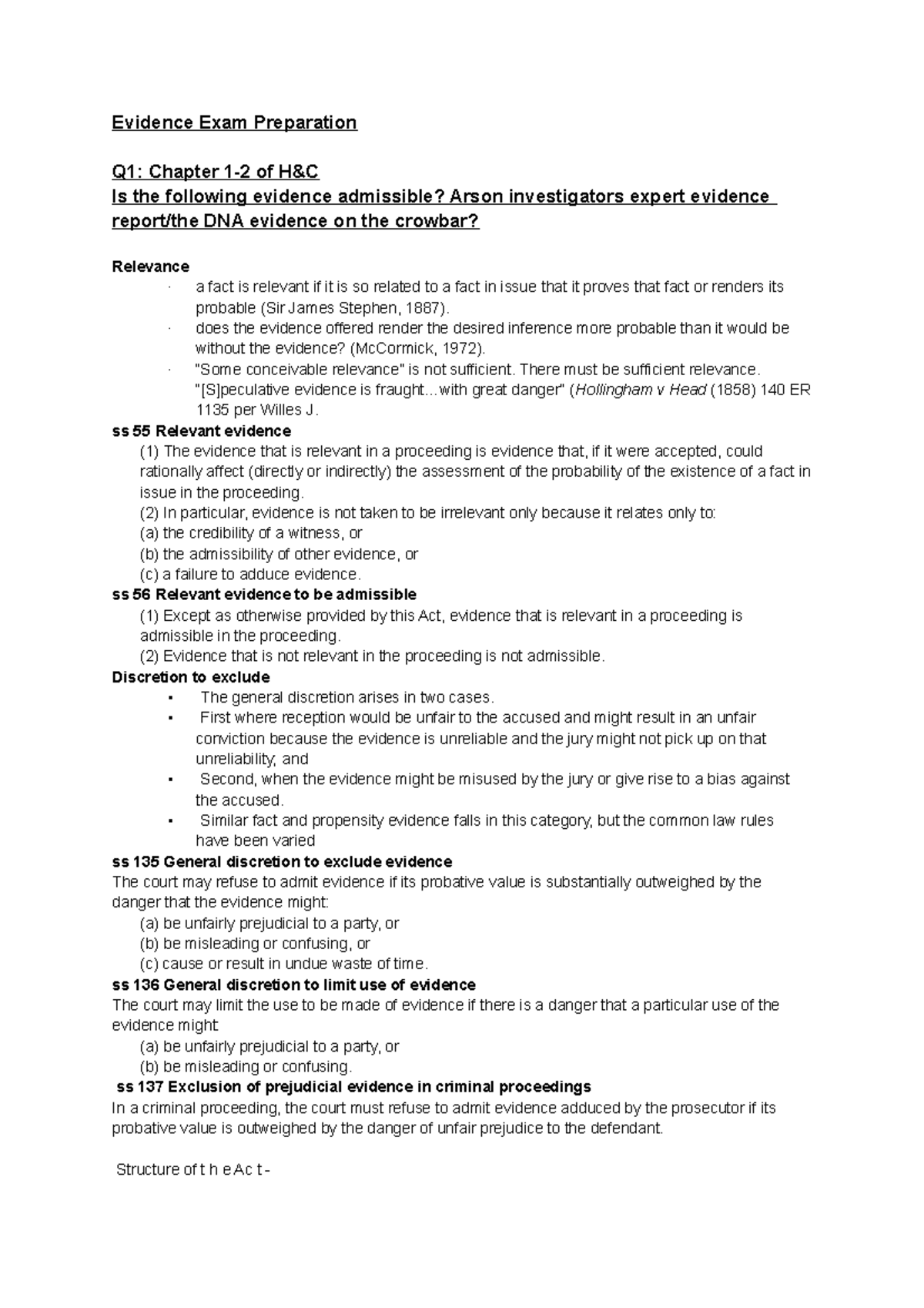 Evidence Exam Revision Preparation - Evidence Exam Preparation Q1 ...