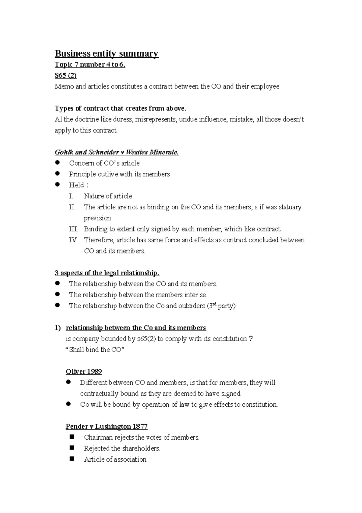 Business entity summary topic 7 - S65 (2) Memo and articles constitutes ...