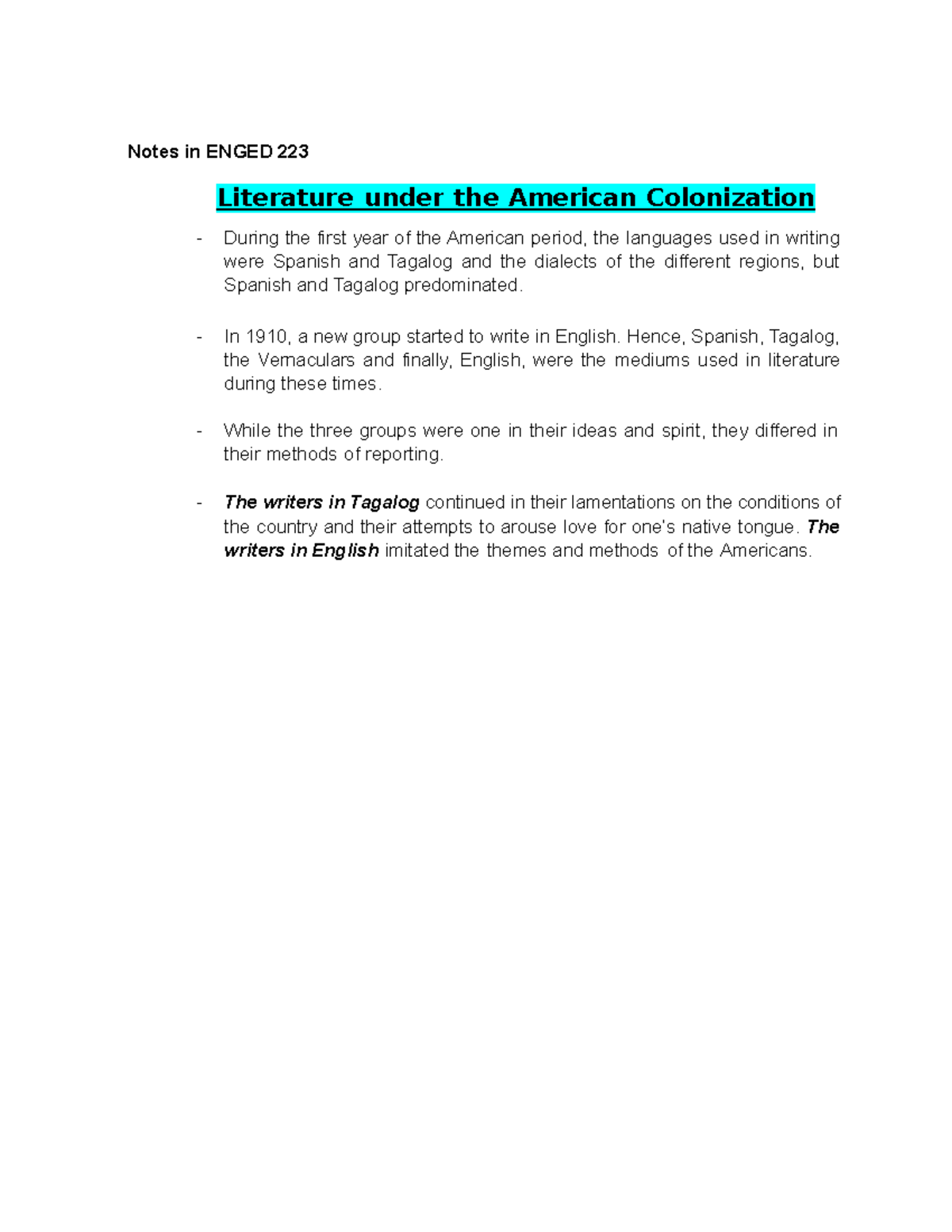 Literature under the American Colonization - Notes in ENGED 223 ...