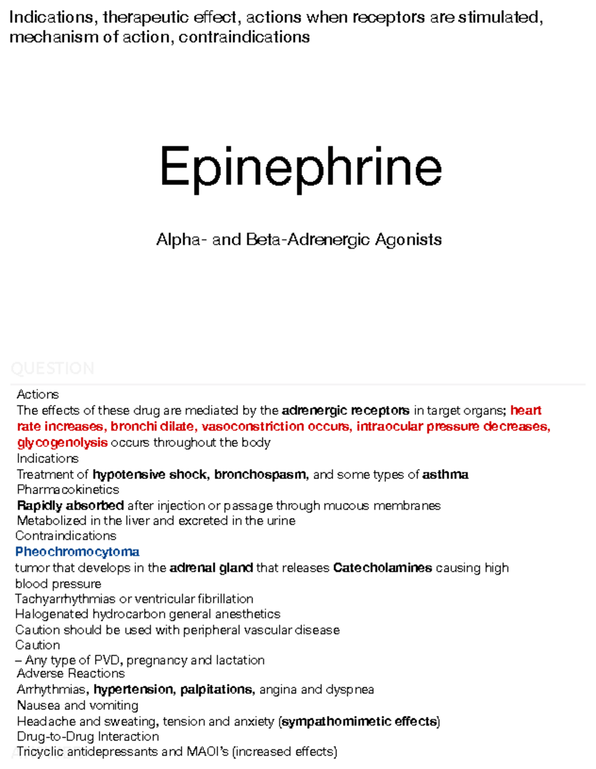 Exam #2 Flash cards - Pharmacology - QUESTION Epinephrine Actions The ...