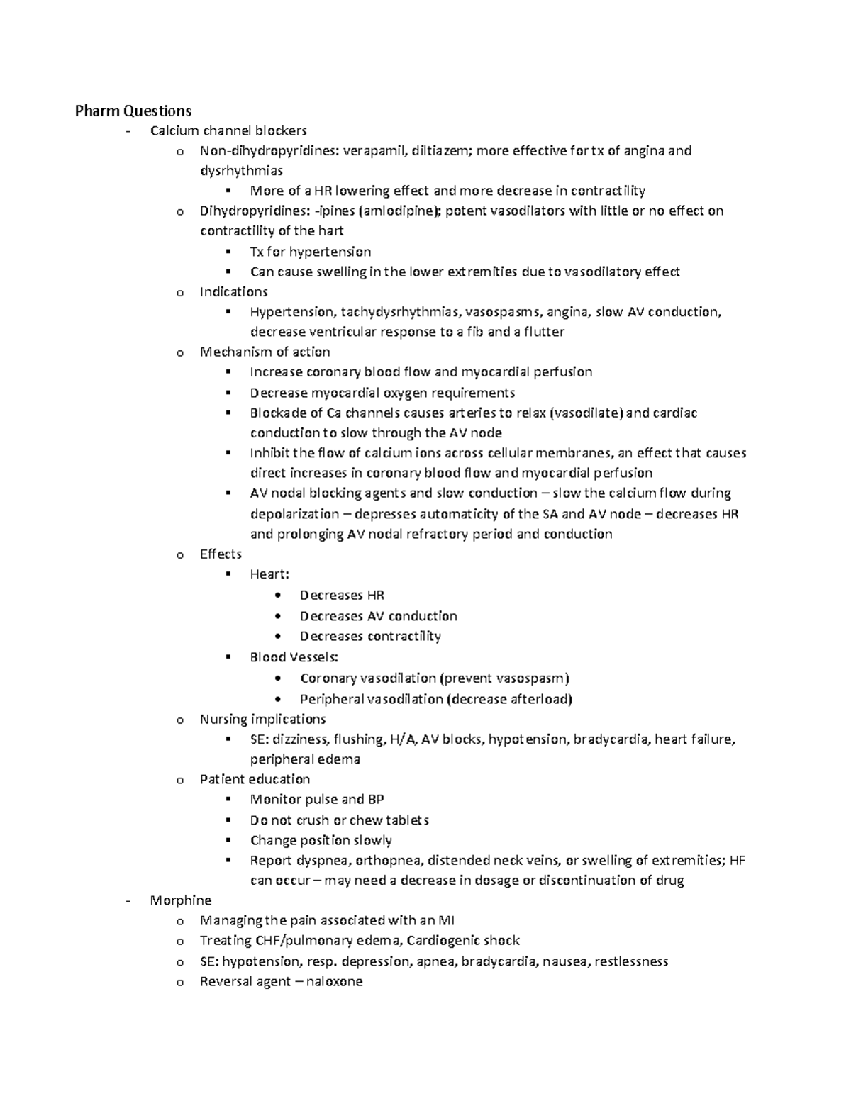 Synthesis Exam 1 - study - Pharm Questions - Calcium channel blockers o ...