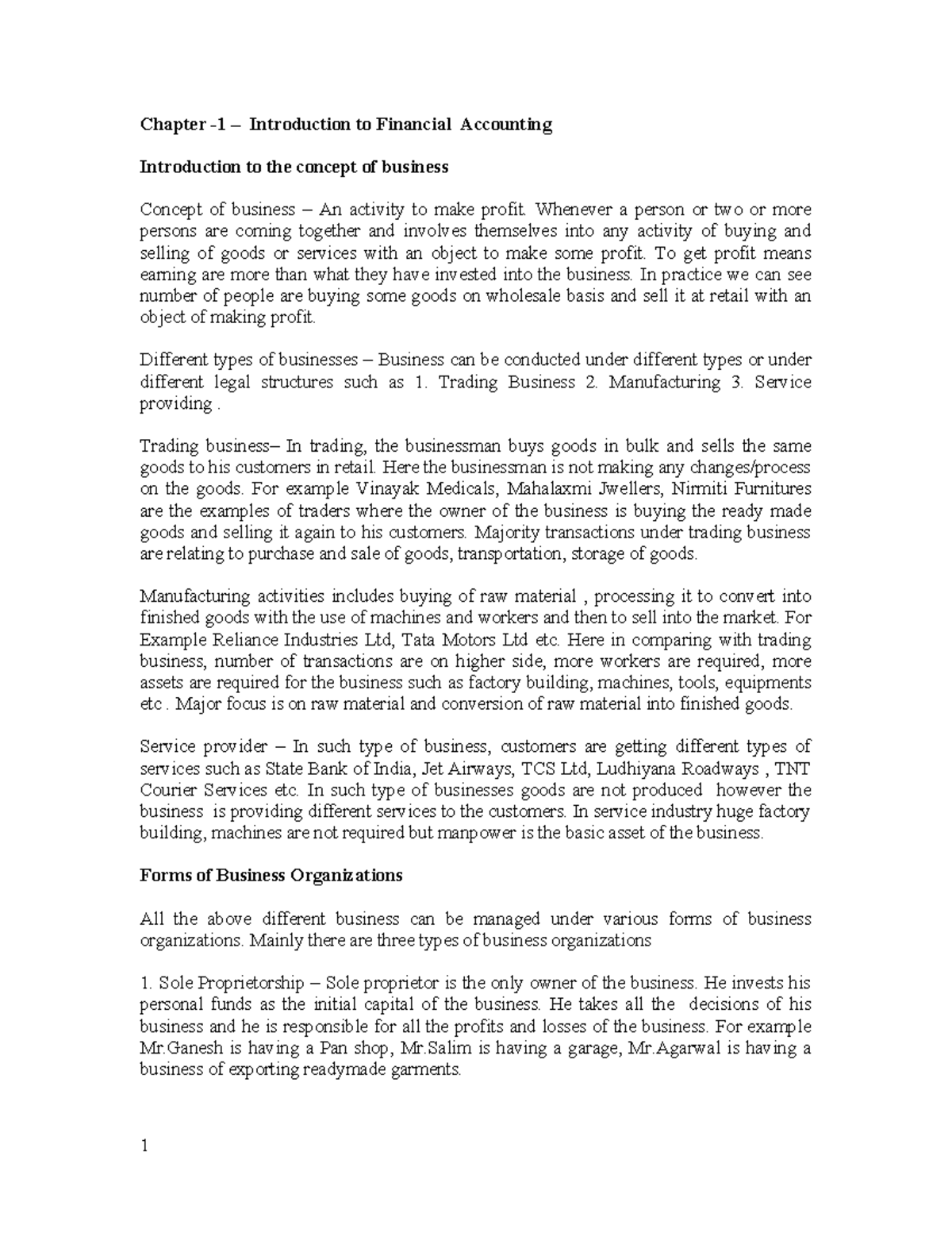 Class Notes - Chapter -1 – Introduction to Financial Accounting ...