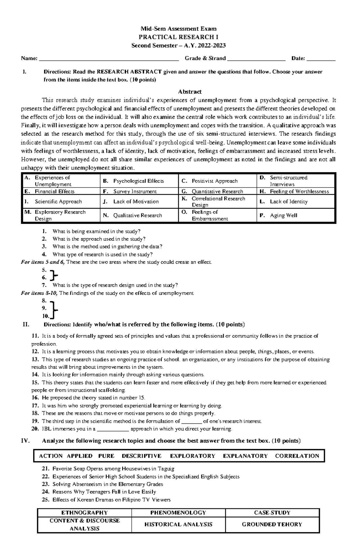 Practical Research 1 Long Exam - Mid-Sem Assessment Exam PRACTICAL ...