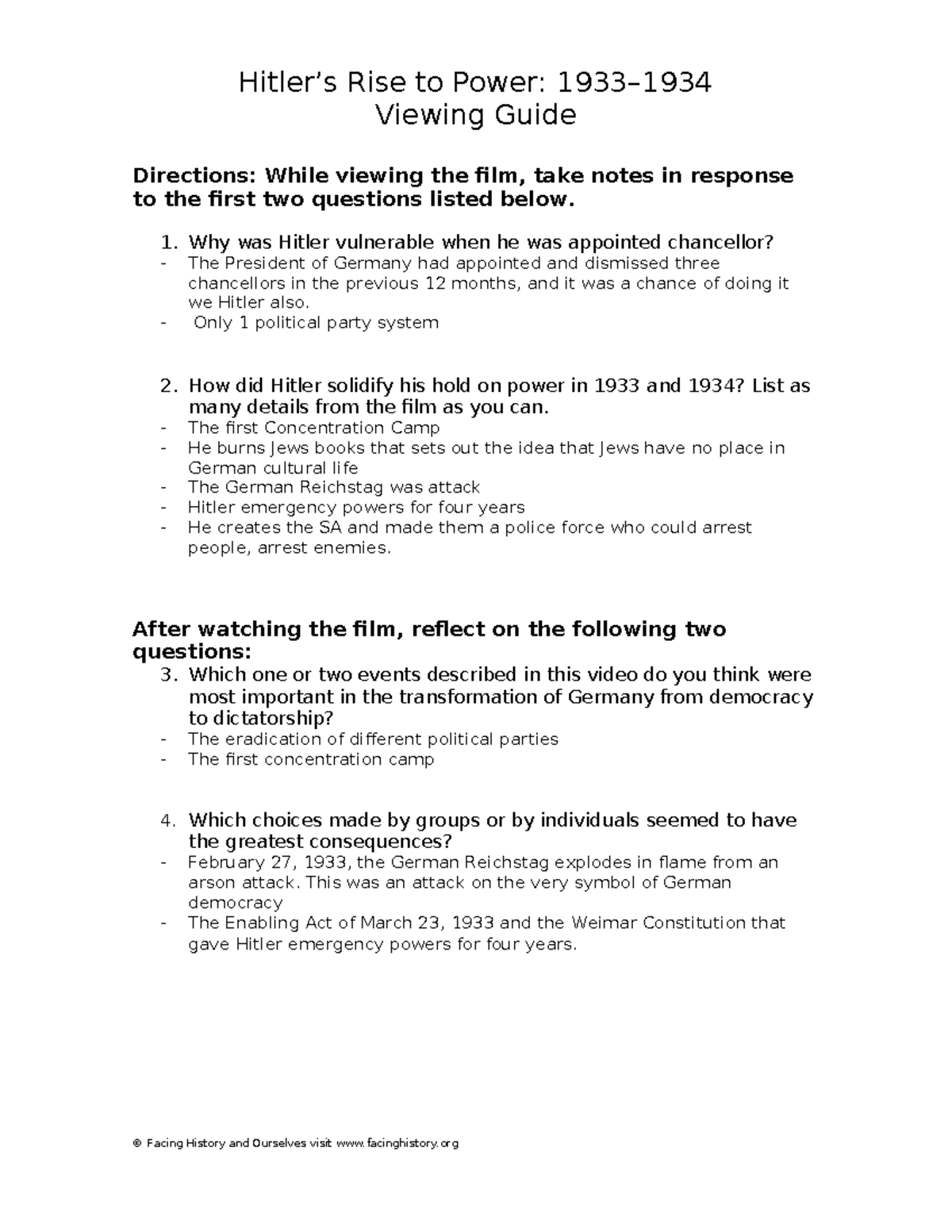 Hitler rise to power Viewing guide - Hitler’s Rise to Power: 1933 ...