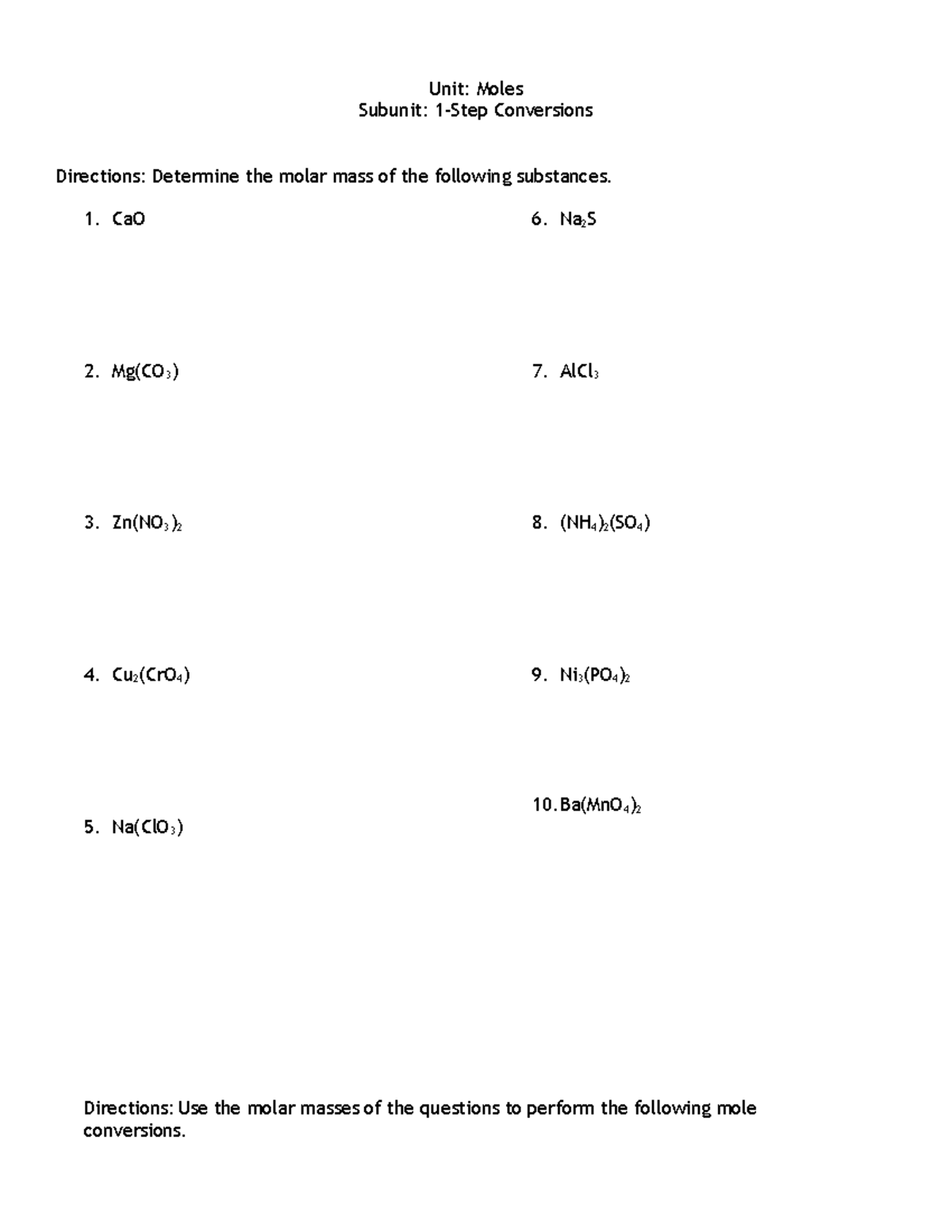 1-Step Conversions Homework - AP Chemistry - Unit: Moles Subunit: 1 ...