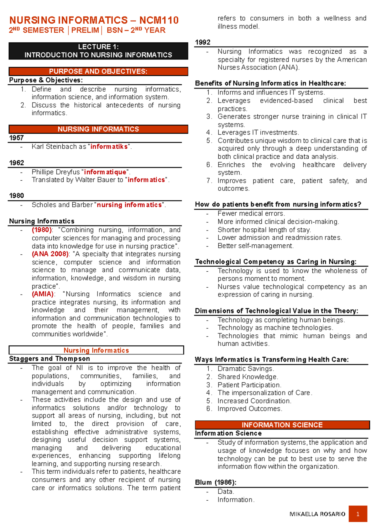 NCM110 Lec - NURSING INFORMATICS – NCM 110 2 ND SEMESTER │PRELIM│ BSN – 2 ND YEAR LECTURE 1 ...