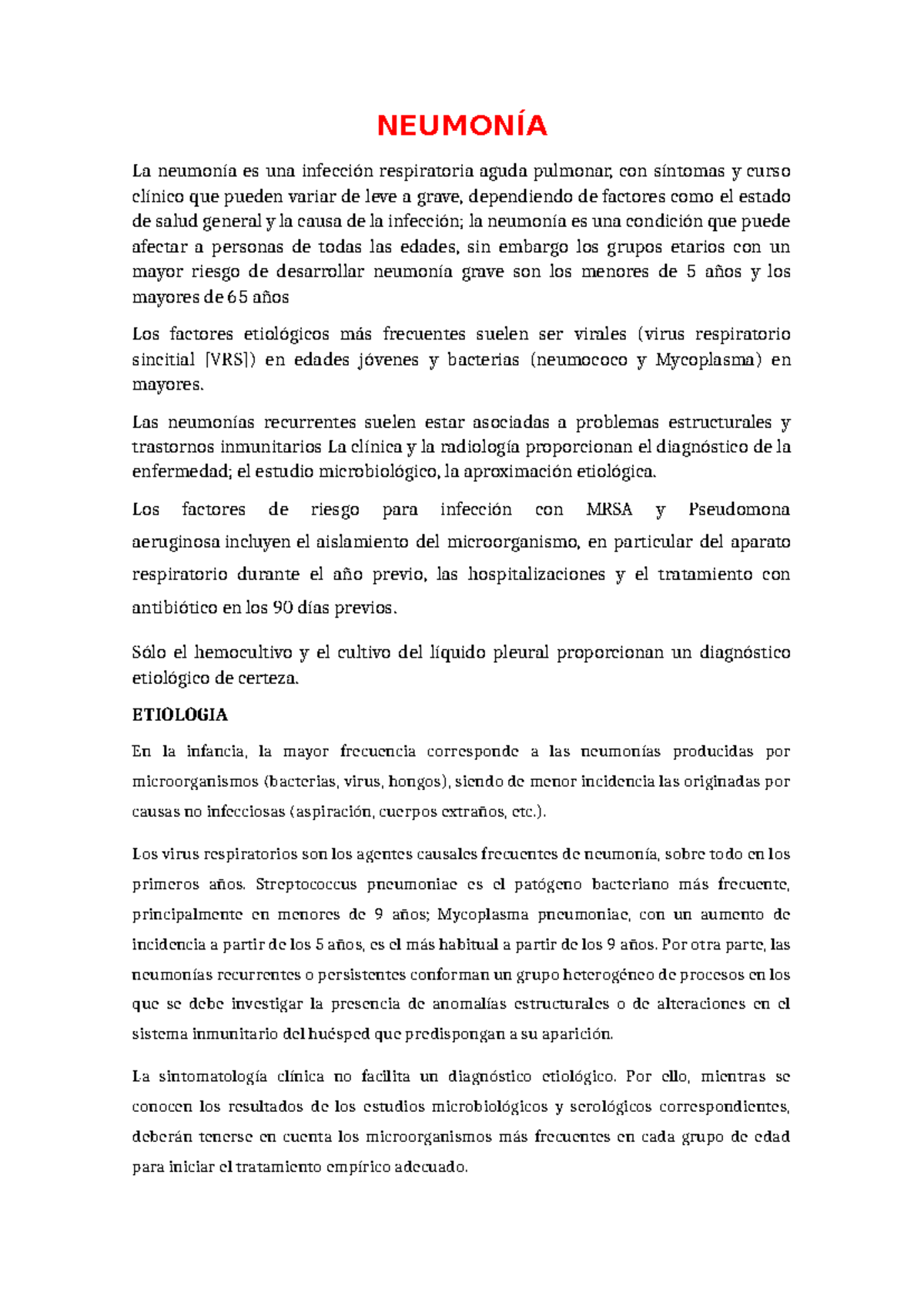 Neumonia - NEUMONÍA La neumonía es una infección respiratoria aguda ...