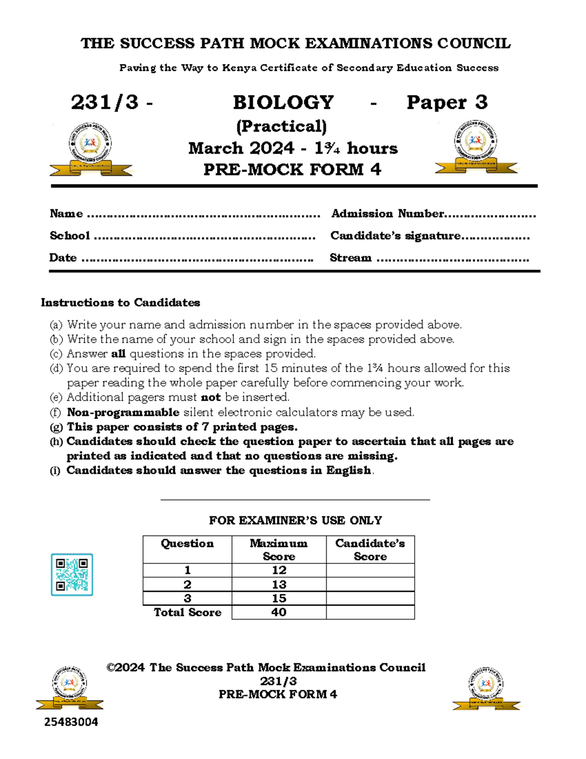 BIO PP3 QS PRE-MOCK 2024 - ©2024 The Success Path Mock Examinations ...