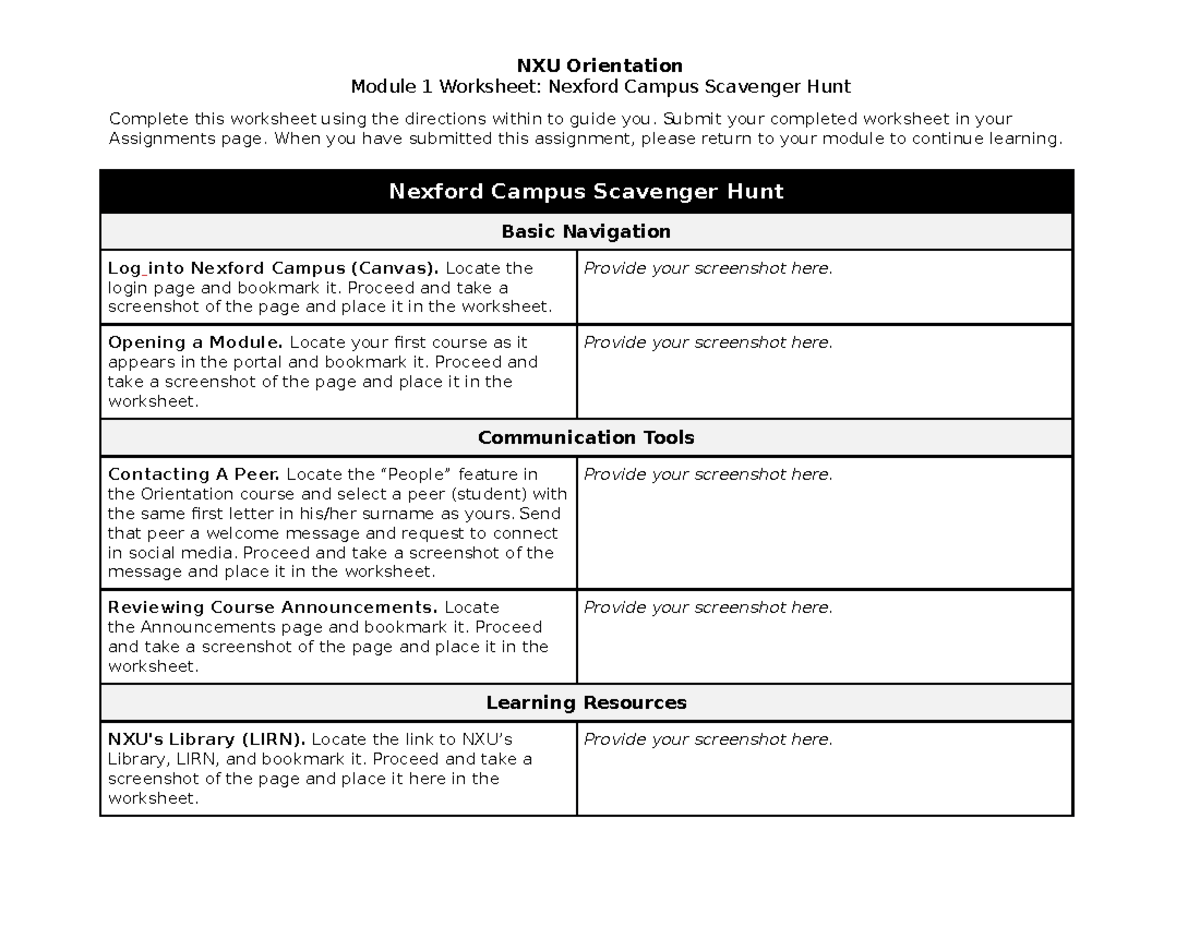 Nexford Campus Scavenger Hunt - NXU Orientation Module 1 Worksheet ...