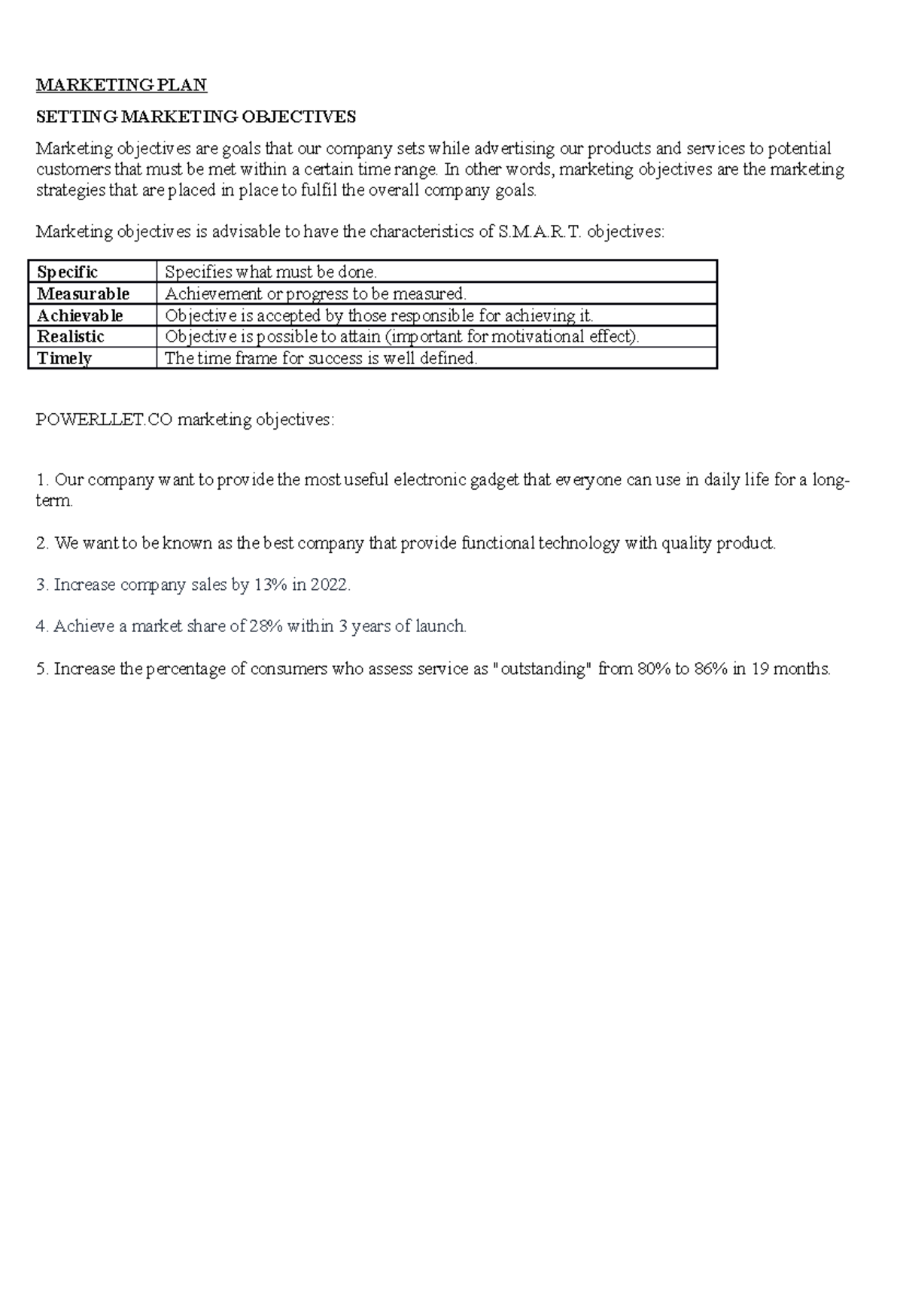 STEP 1- Setting Marketing Objectives - MARKETING PLAN SETTING MARKETING ...