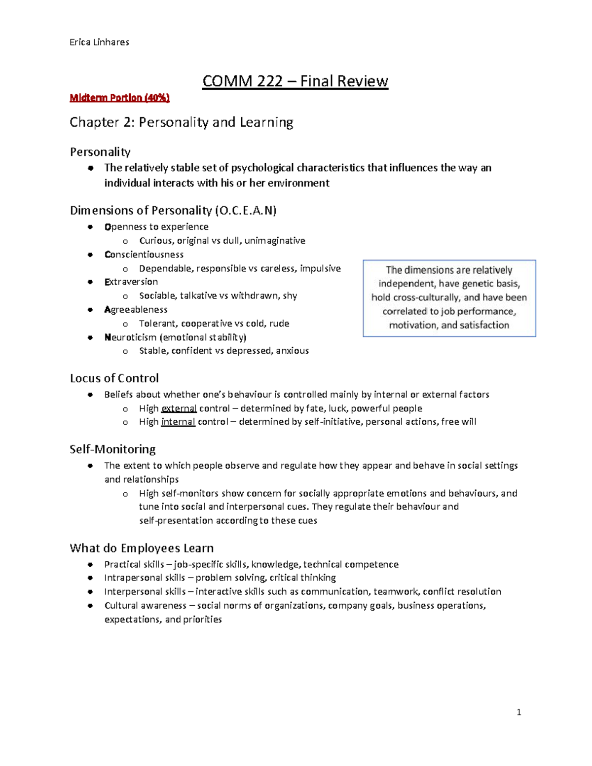 COMM222 ( Roudy)-Final-Review Erica-Linhares - COMM 222 – Final Review ...