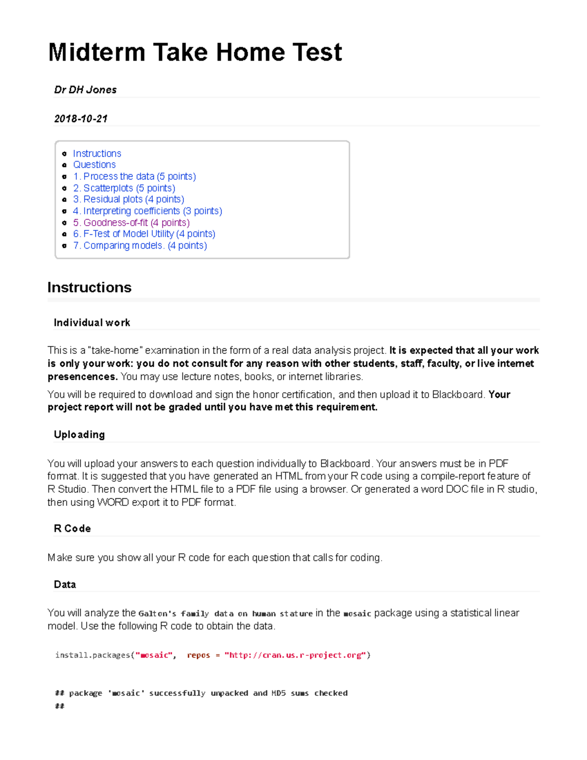Midterm Take Home Test 2 - Midterm Take Home Test Dr DH Jones 2018-10 ...