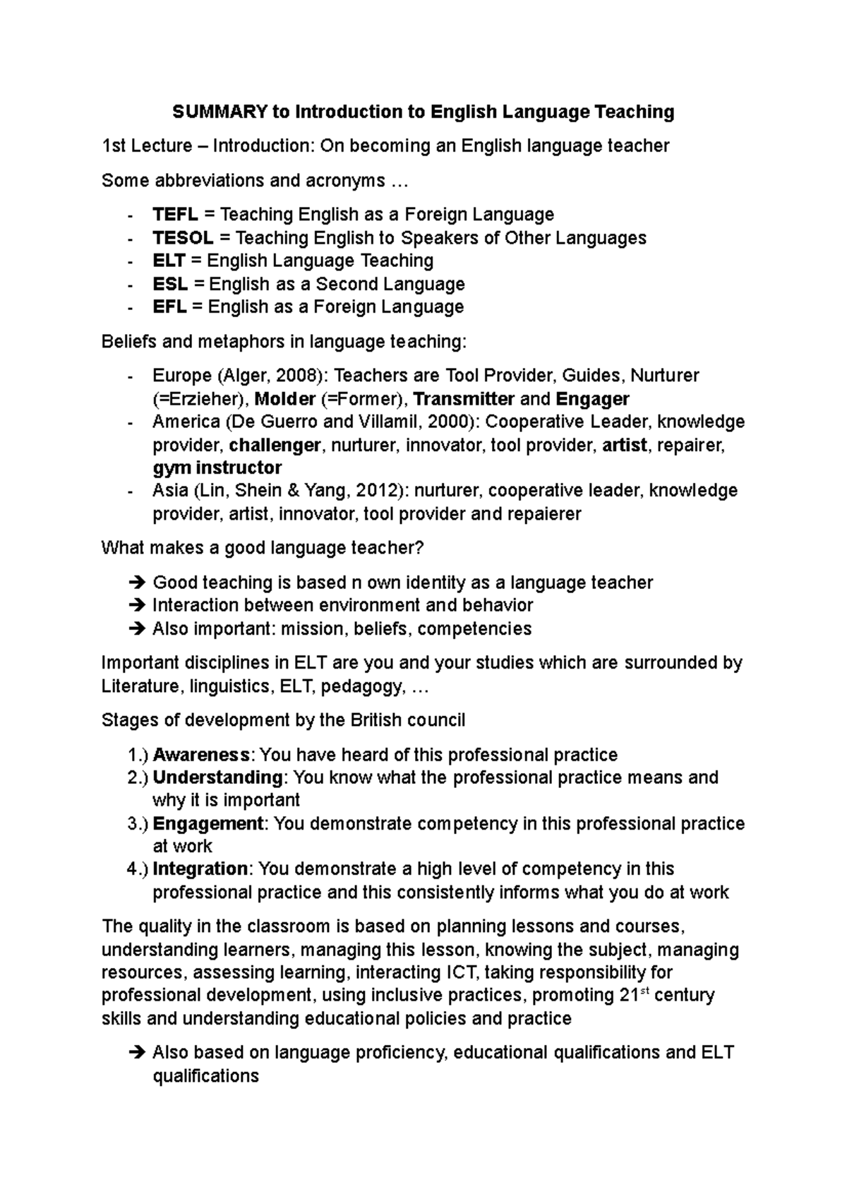 Summary of Introduction to English Language Teaching - SUMMARY to ...