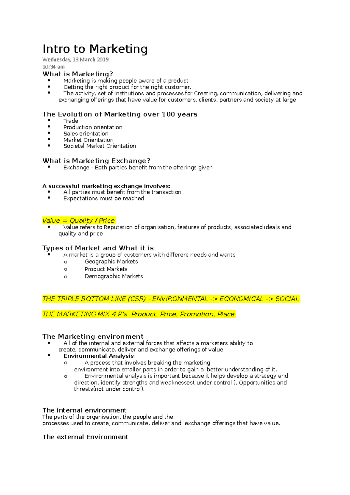 Intro to Marketing - Intro to Marketing Wednesday, 13 March 2019 10:34 ...