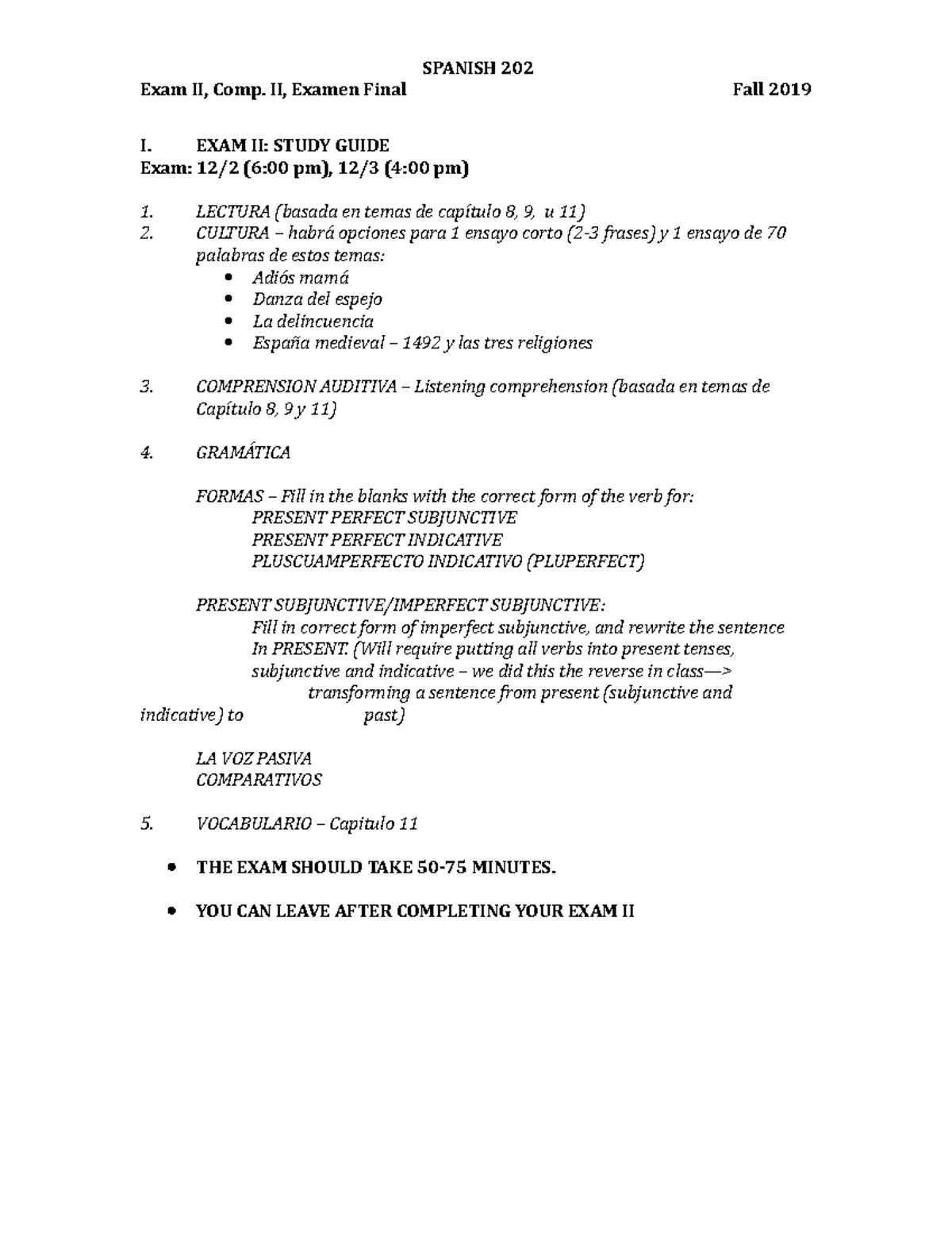 Study Guide EXAM II rev. fall 2019 - SPANISH 202 Exam II, Comp. II ...