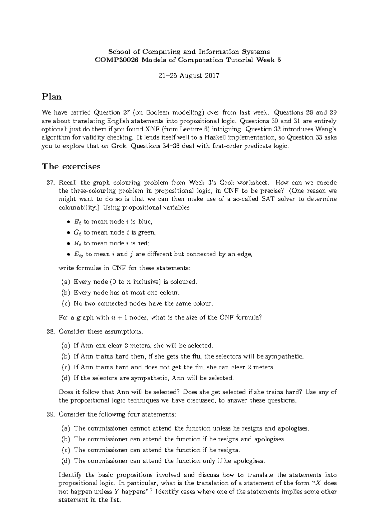 Tute05 - tut5 - School of Computing and Information Systems COMP30026 Models of Computation ...