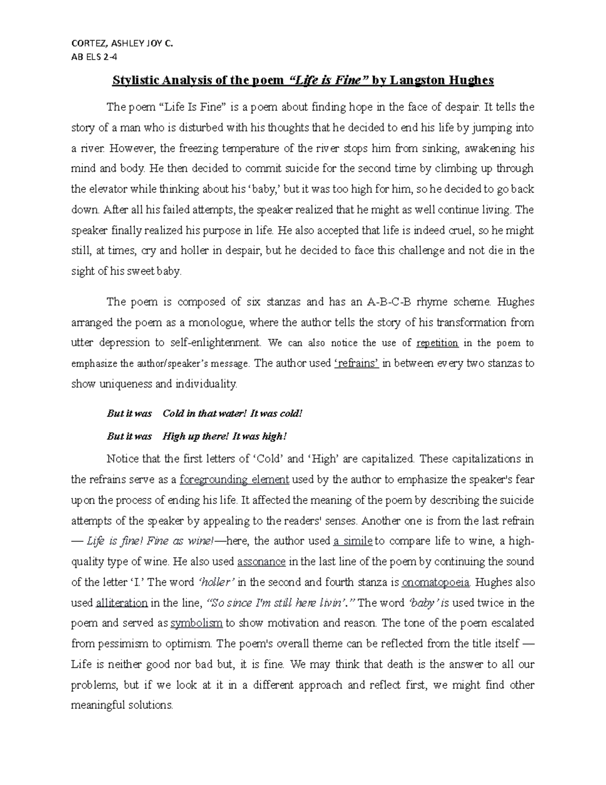 Stylistic Analysis of the poem - CORTEZ, ASHLEY JOY C. AB ELS 2 ...