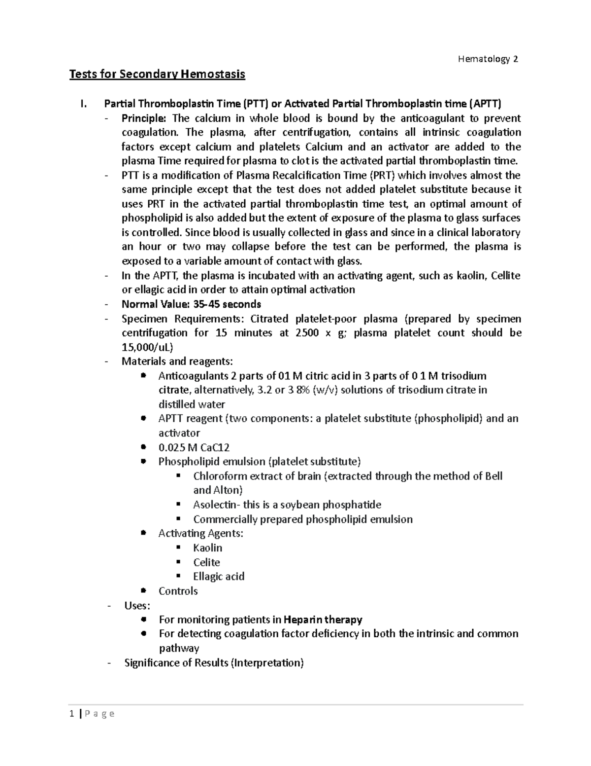 Tests for Secondary Hemostasis - Partial Thromboplastin Time (PTT) or ...