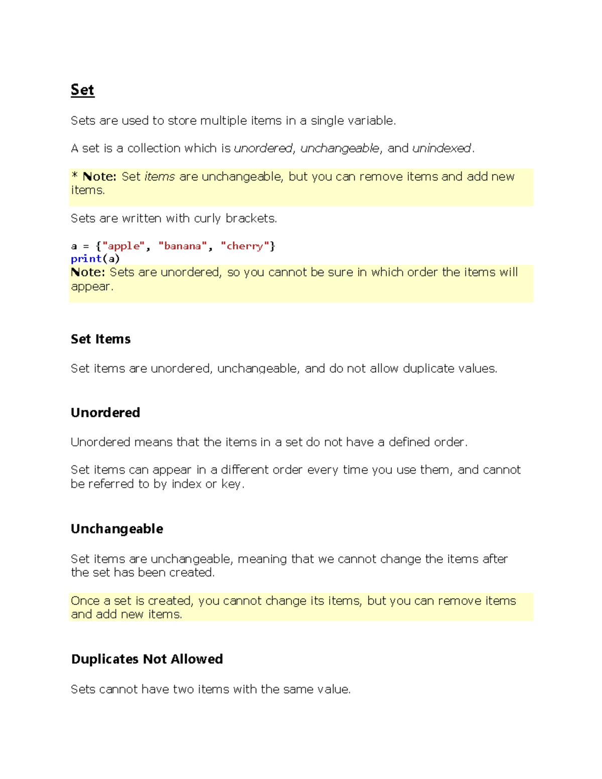 Python Sets Lecture Note Set Sets Are Used To Store Multiple Items In