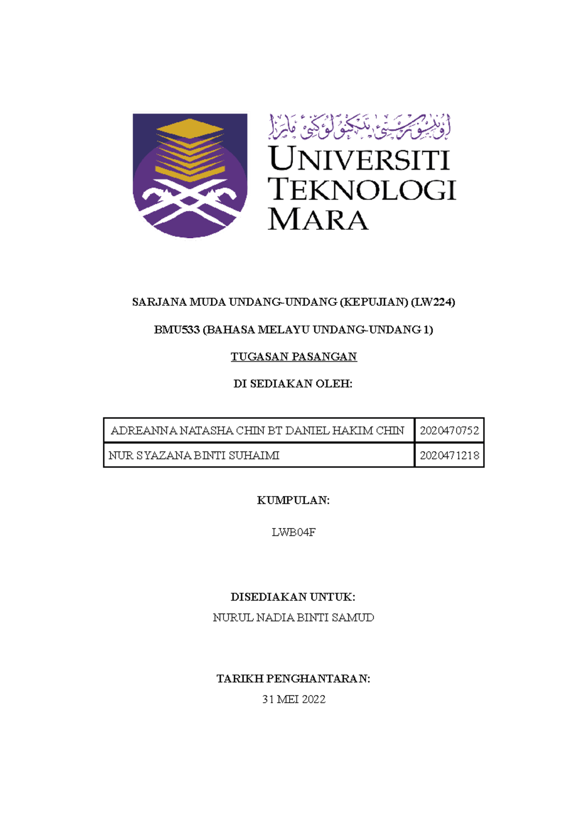 BMU Kerja Berpasangan draft - SARJANA MUDA UNDANG-UNDANG (KEPUJIAN ...