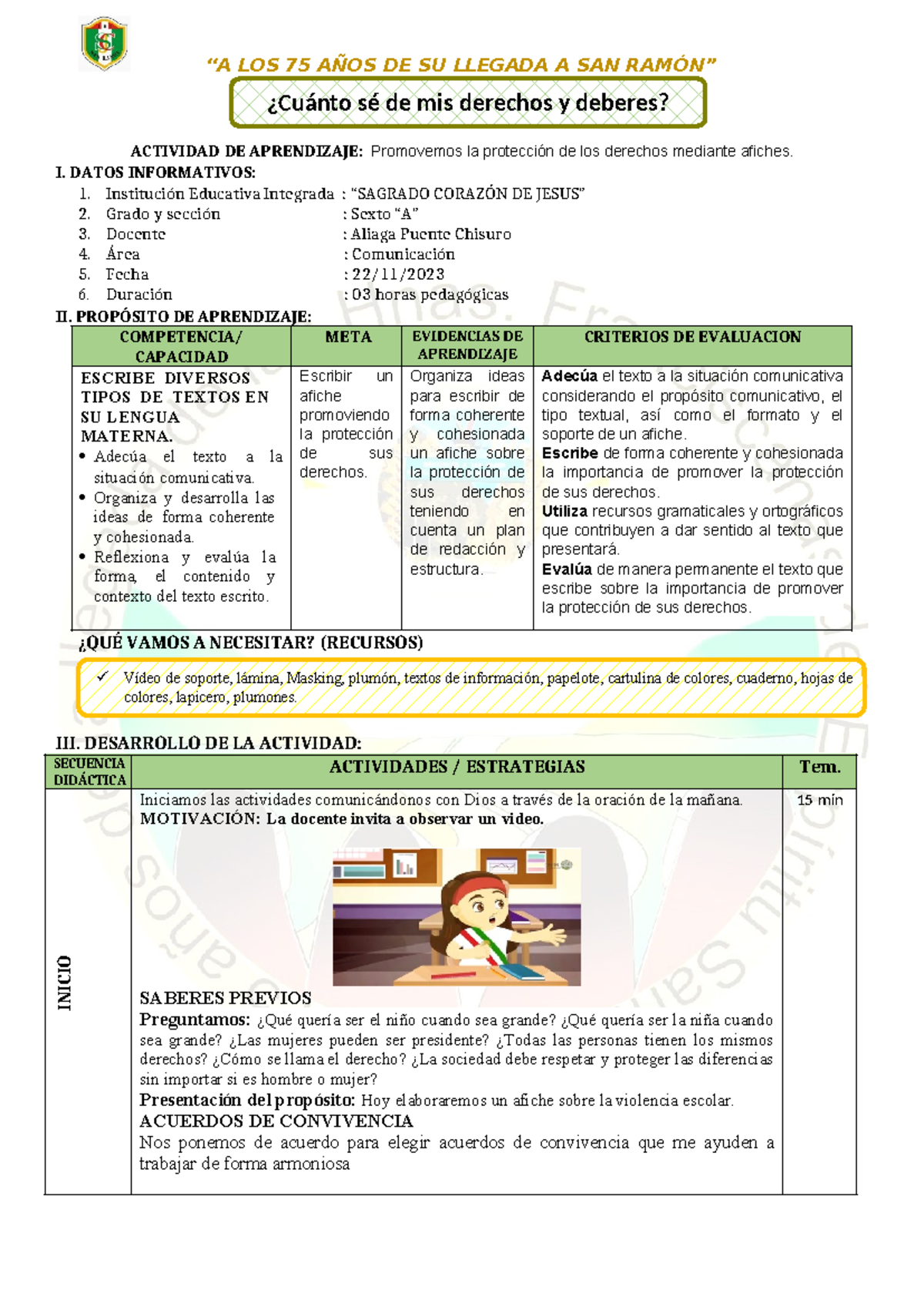 SESION DE APRENDIZAJE ESCRIBIMOS UN AFICHE - ACTIVIDAD DE APRENDIZAJE: Promovemos la protección ...