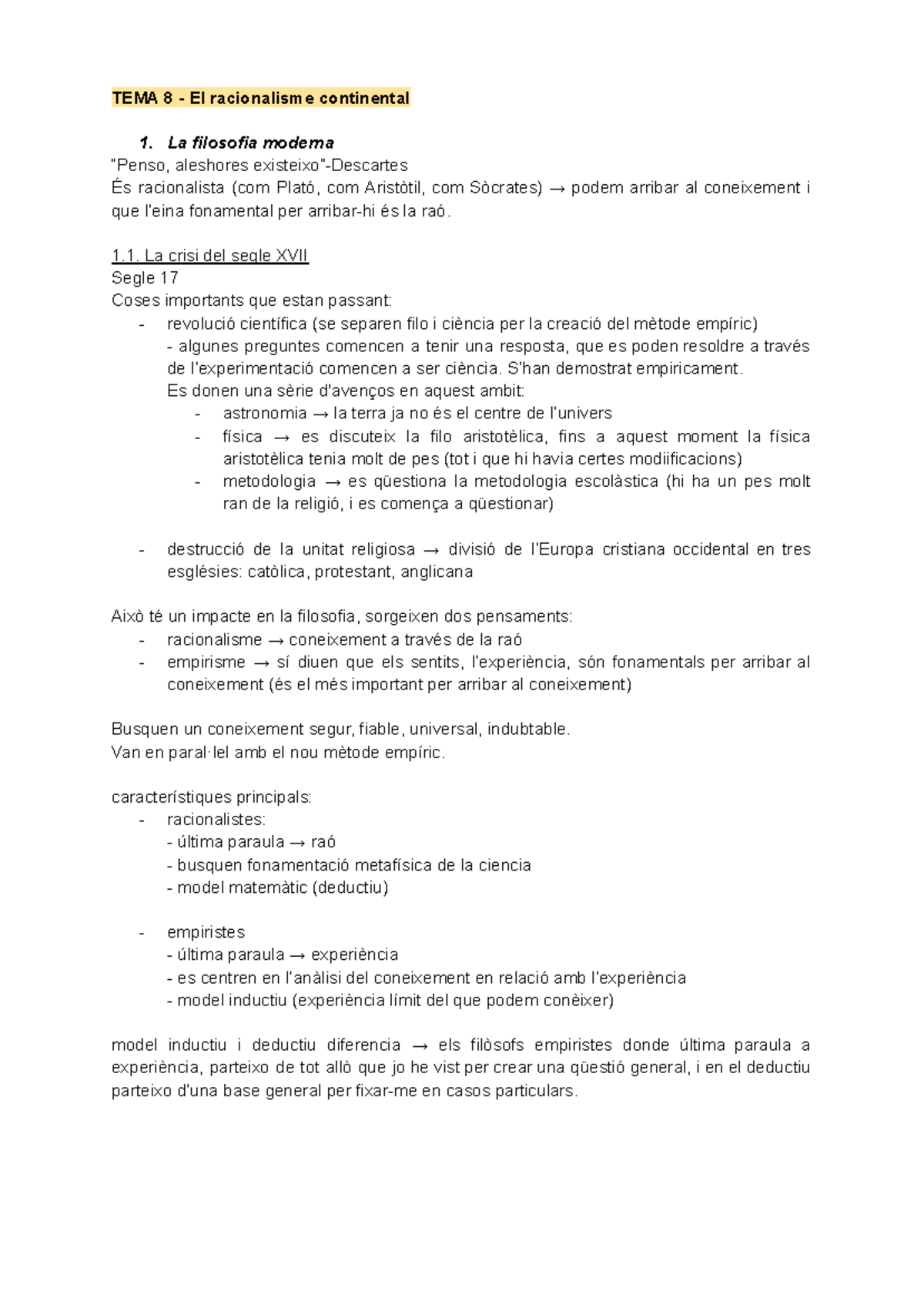 El racionalisme continental (Descartes) - TEMA 8 - El racionalisme ...
