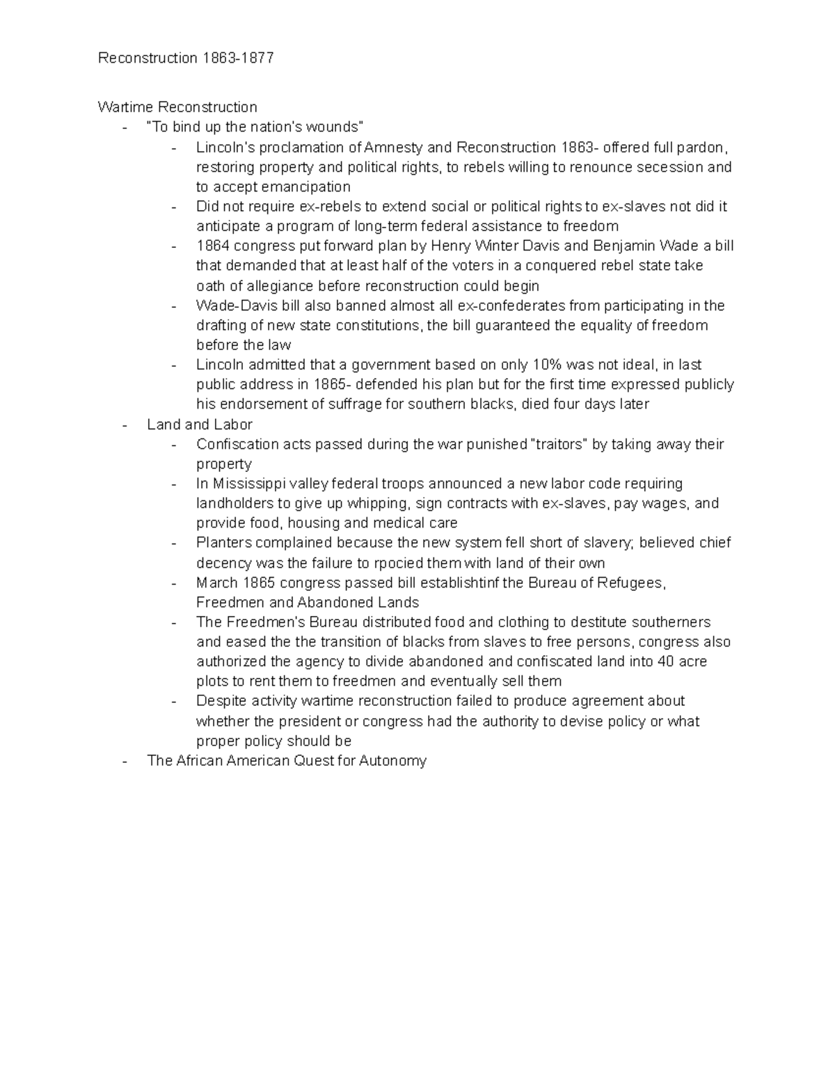 Chapter 16 notes - Reconstruction 1863-1877. Prof. Stanke ...