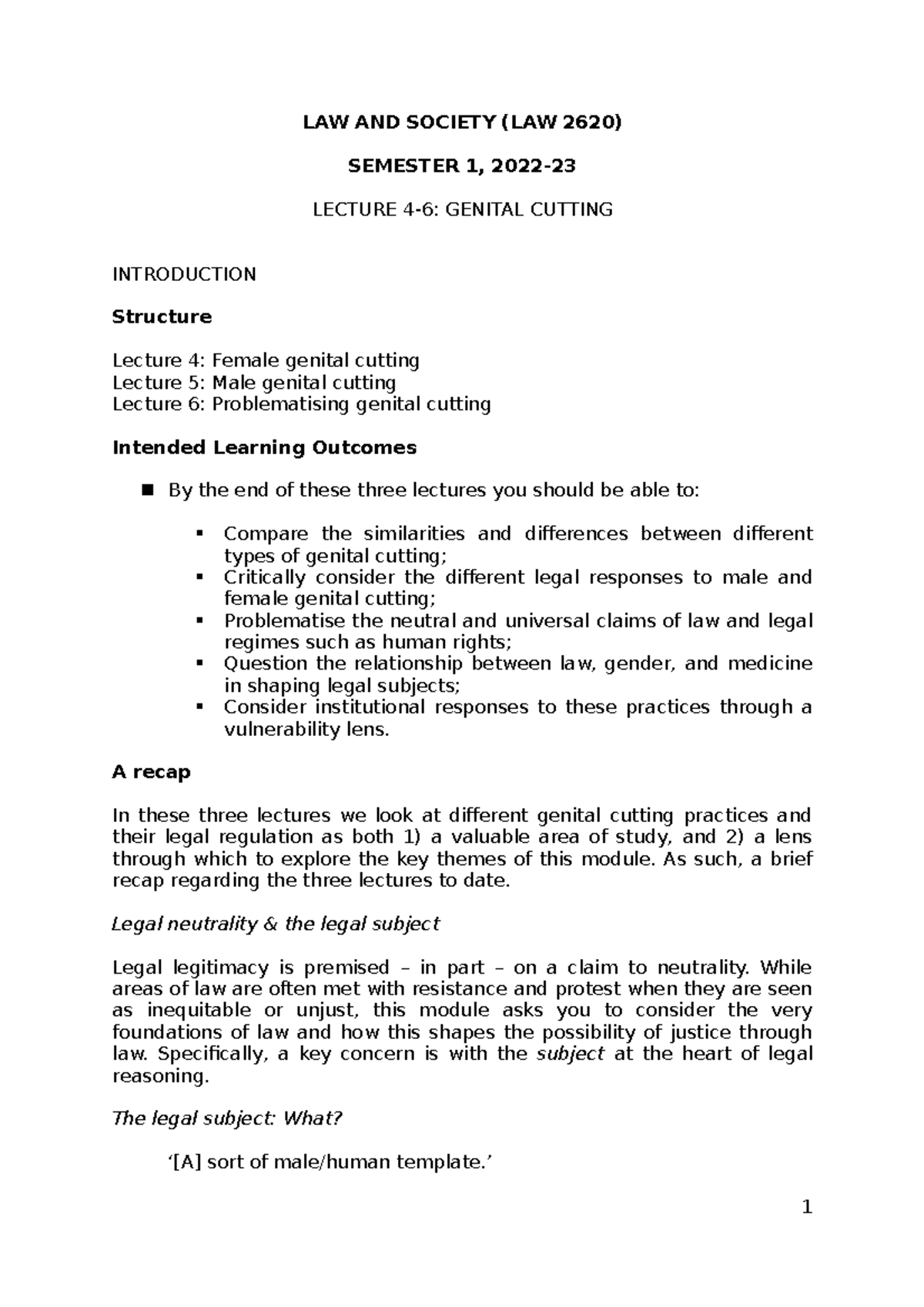 LAW AND Society Lectures 4-6 Handout 2022 - LAW AND SOCIETY (LAW 2620) SEMESTER 1, 2022- LECTURE ...