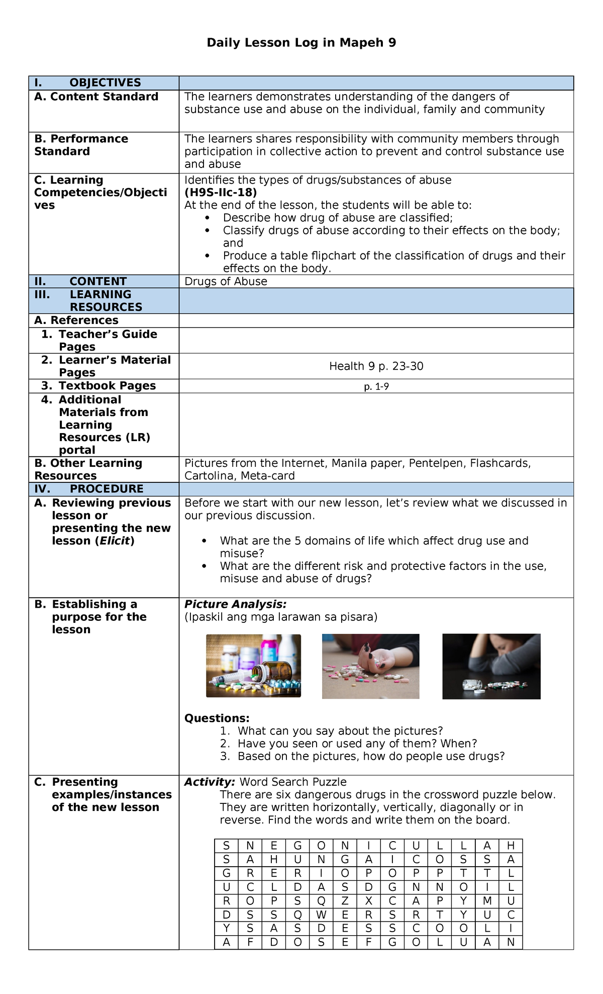 LP in Mapeh 9 - Please use this - Daily Lesson Log in Mapeh 9 I ...