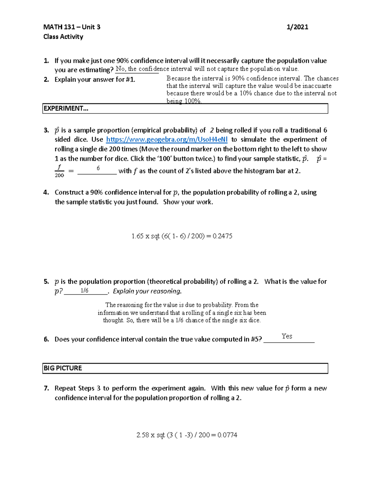 Activity 3.1-1 Confidence Interval - MATH 131 – Unit 3 1/ Class ...