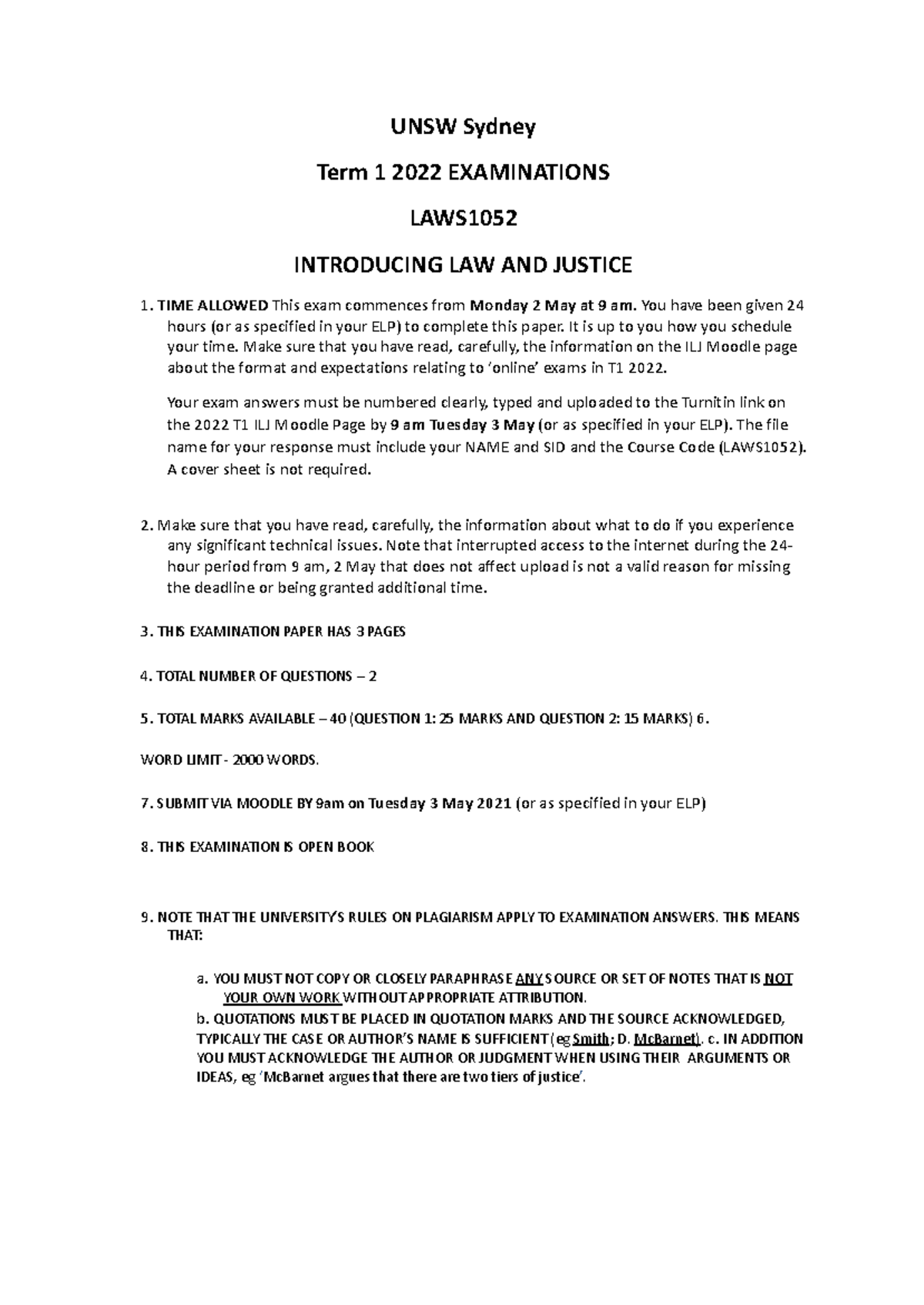 ILJ exam T1 2022 - UNSW Sydney Term 1 2022 EXAMINATIONS LAWS ...
