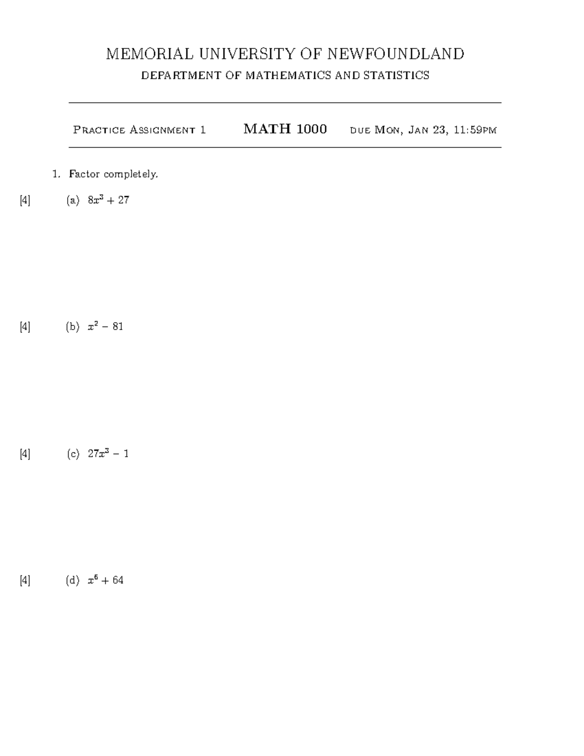 Math 1000 Assignment 1 - Just do it - MEMORIAL UNIVERSITY OF ...