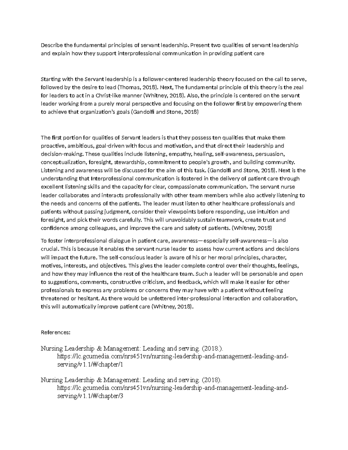 Describe the fundamental principles of servant leadership - Present two ...