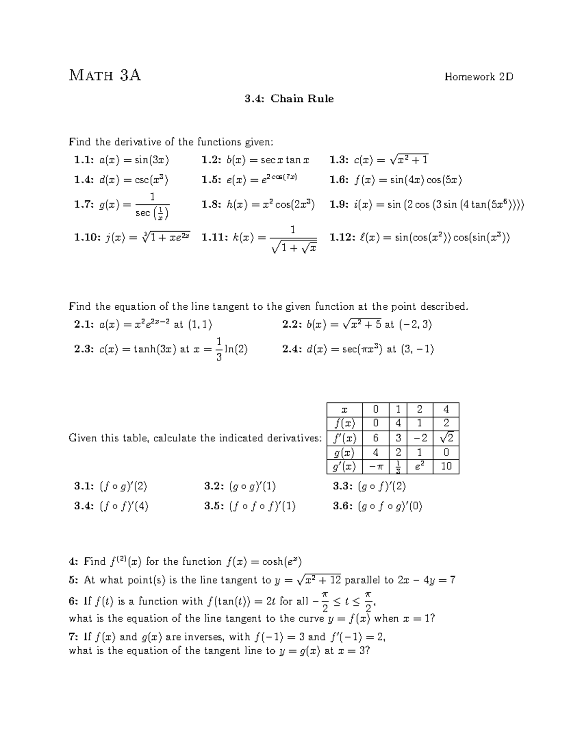 3A HW 2D - math - Math 3A Homework 2D 3: Chain Rule Find the derivative ...